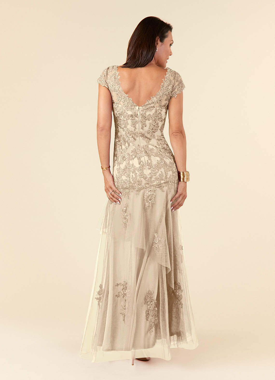 Champagne Azazie Romy Mermaid V-Neck Sequins Tulle Floor-Length Dress ...