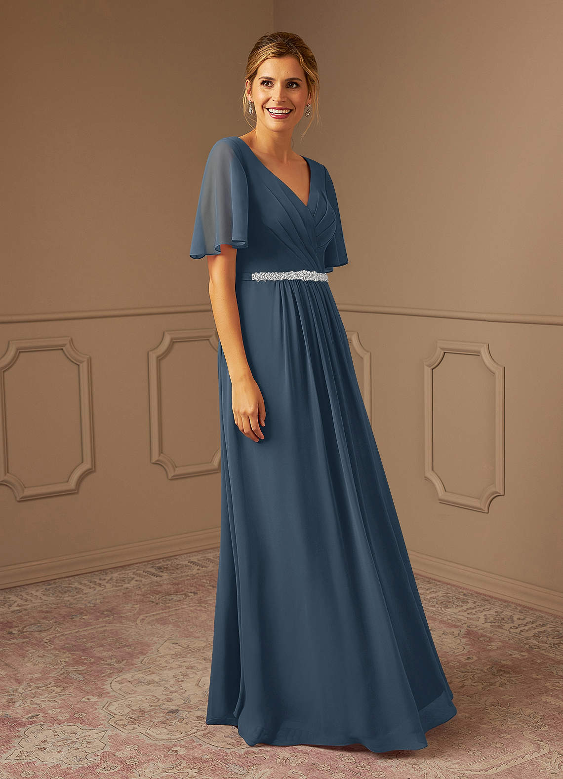 Azazie Tricia Neptune A-Line V-Neck Pleated Chiffon Dress | Azazie UK
