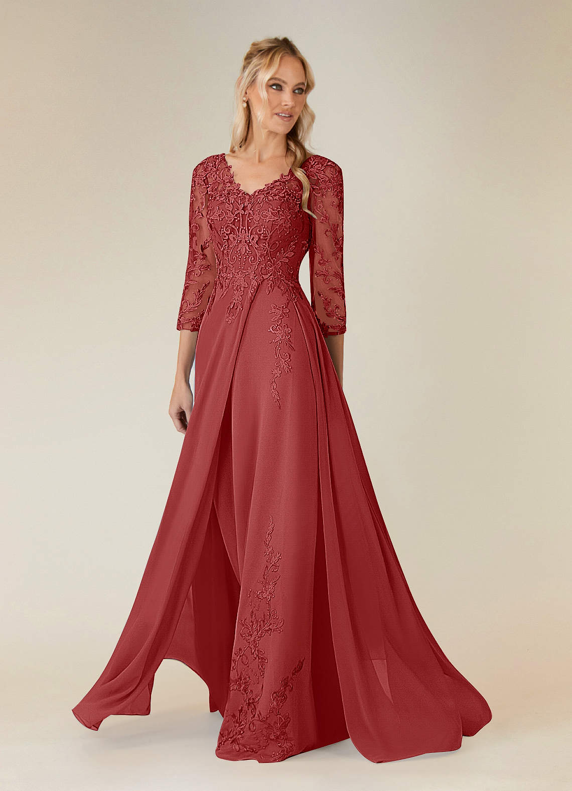 Azazie Noella Rust A-Line V-Neck Lace Chiffon Dress | Azazie