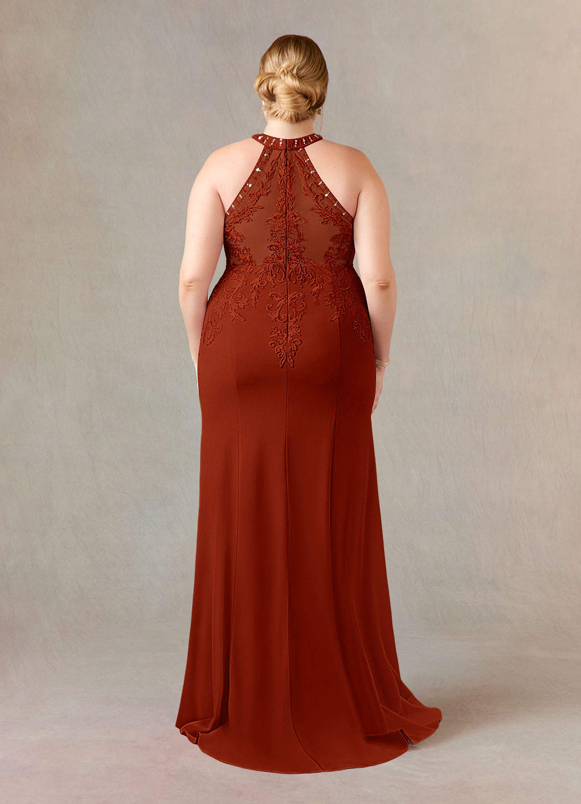 Azazie Tyra Rust Mermaid Halter Lace Stretch Crepe Dress | Azazie
