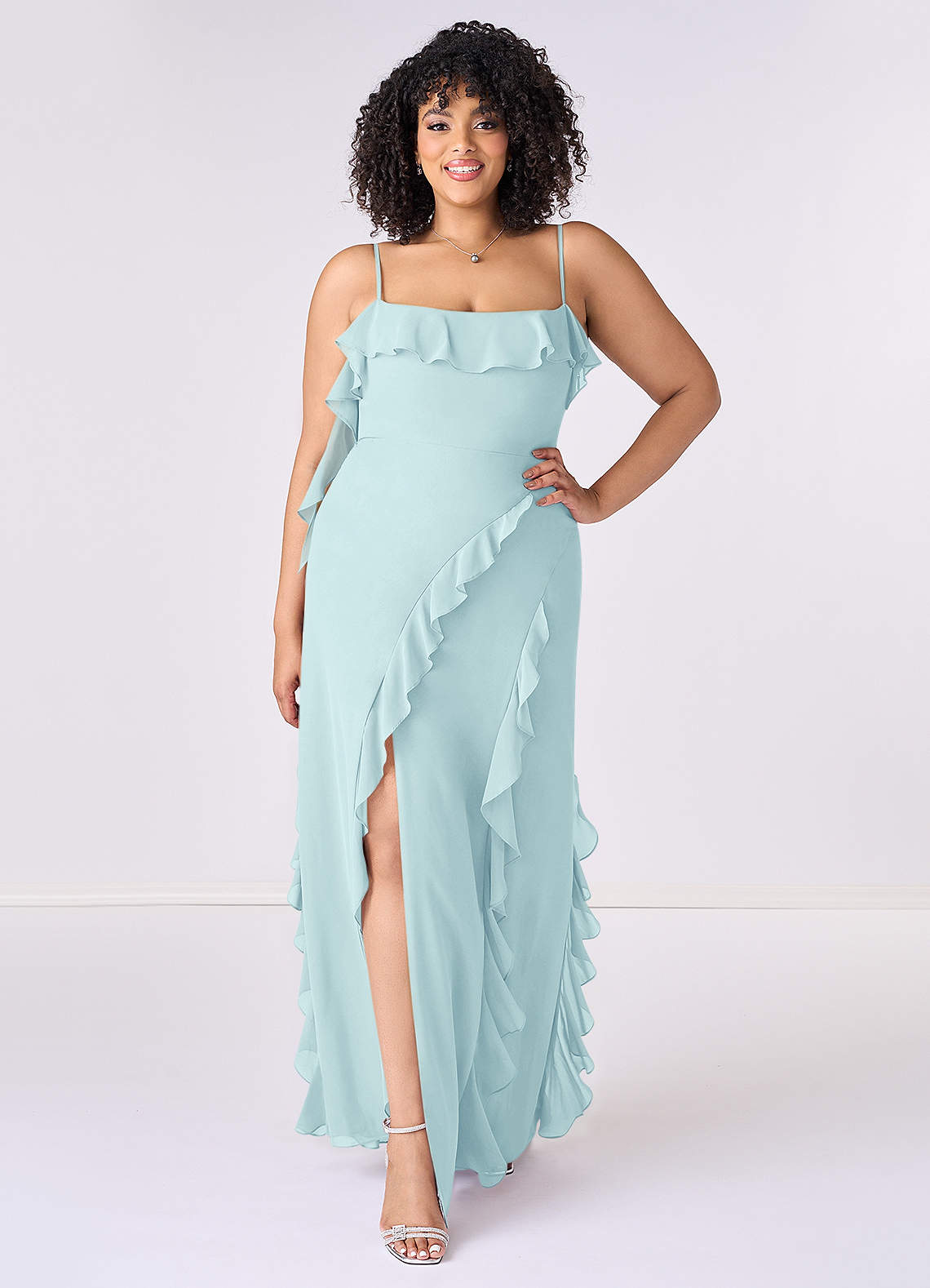 Sea Glass Chiffon Ruffle Column Dress with Leg Slit Bridesmaid Dresses ...