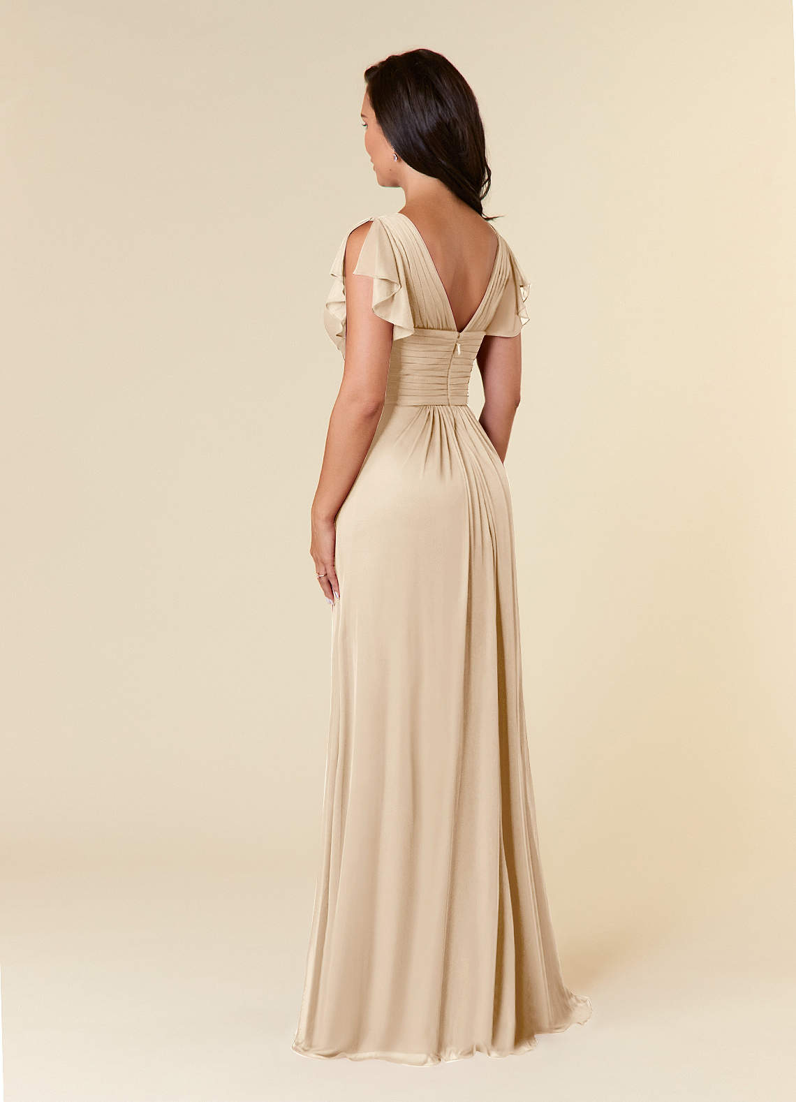 Azazie Reneya Champagne A-Line Pleated Mesh Dress | Azazie