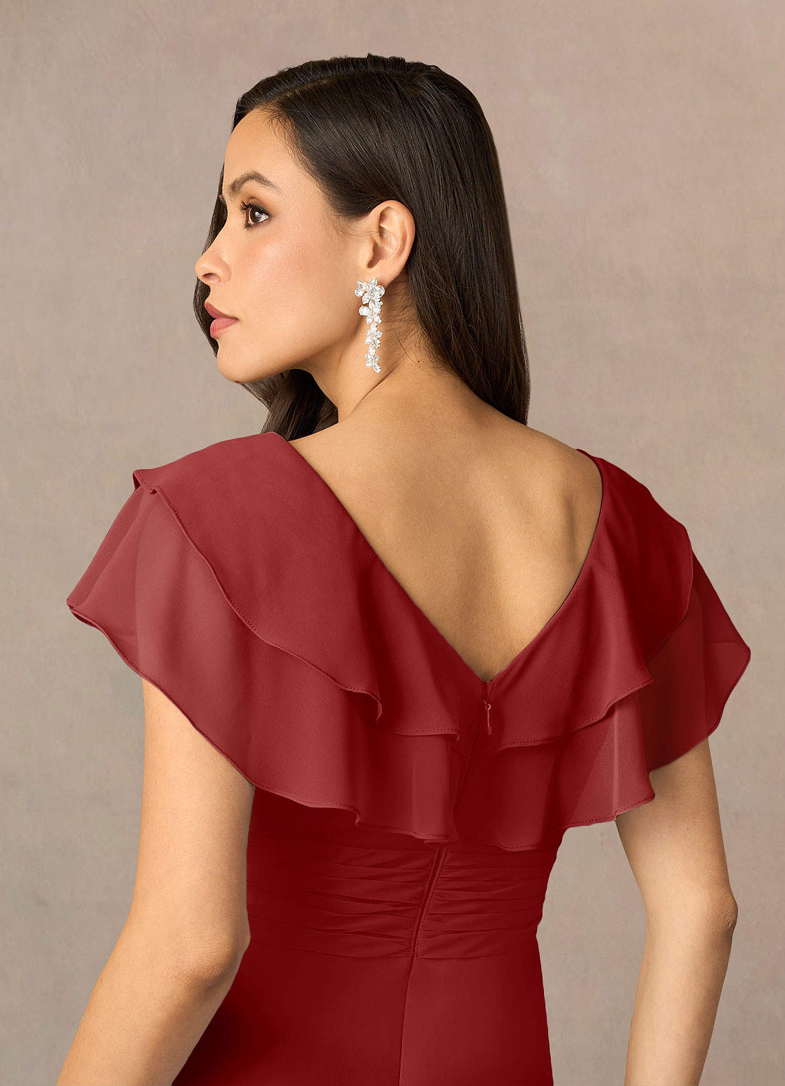 Rust Azazie Snapdragon Rust A-Line V-Neck Ruched Chiffon Dress | Azazie