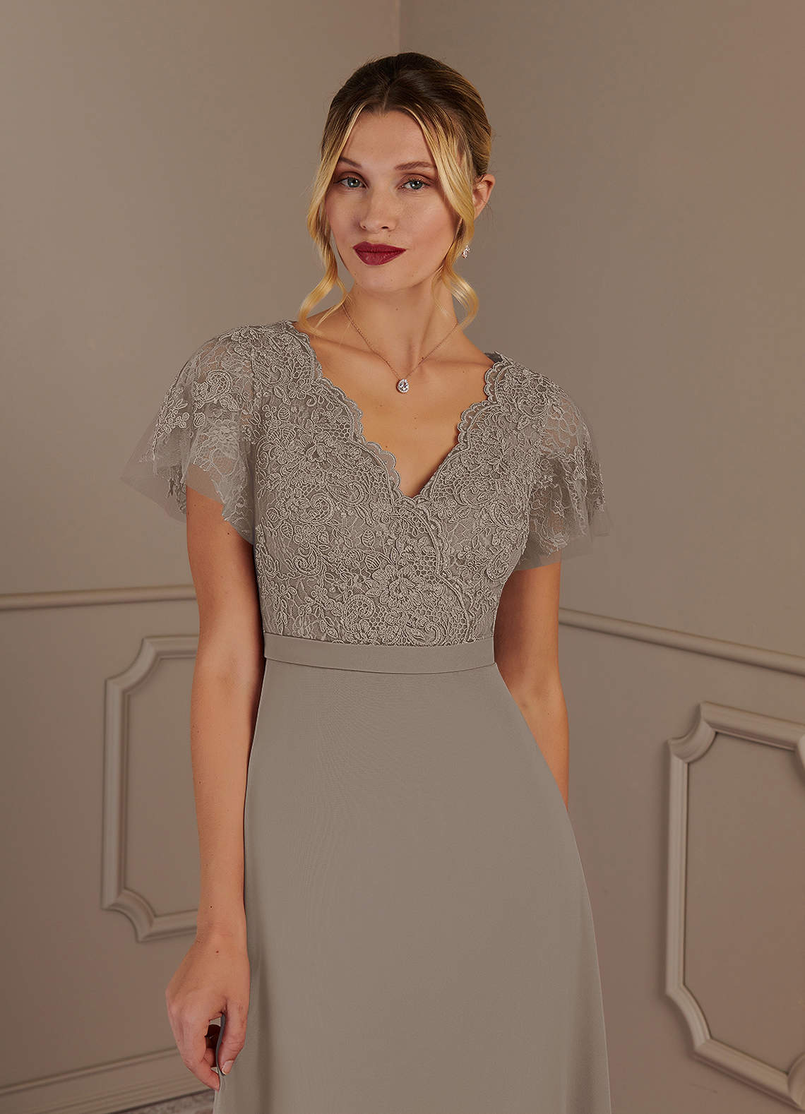 Azazie Singer Taupe A Line V Neck Lace Chiffon Dress Azazie