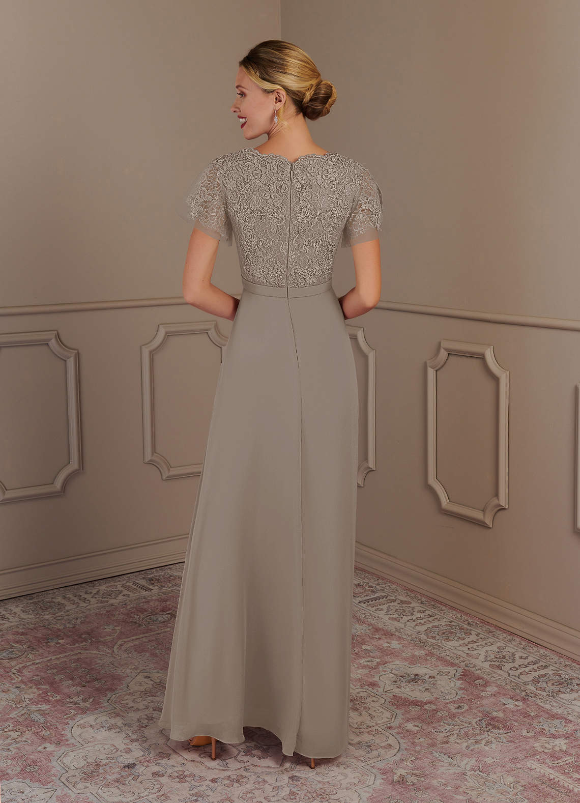 Azazie Singer Taupe A Line V Neck Lace Chiffon Dress Azazie