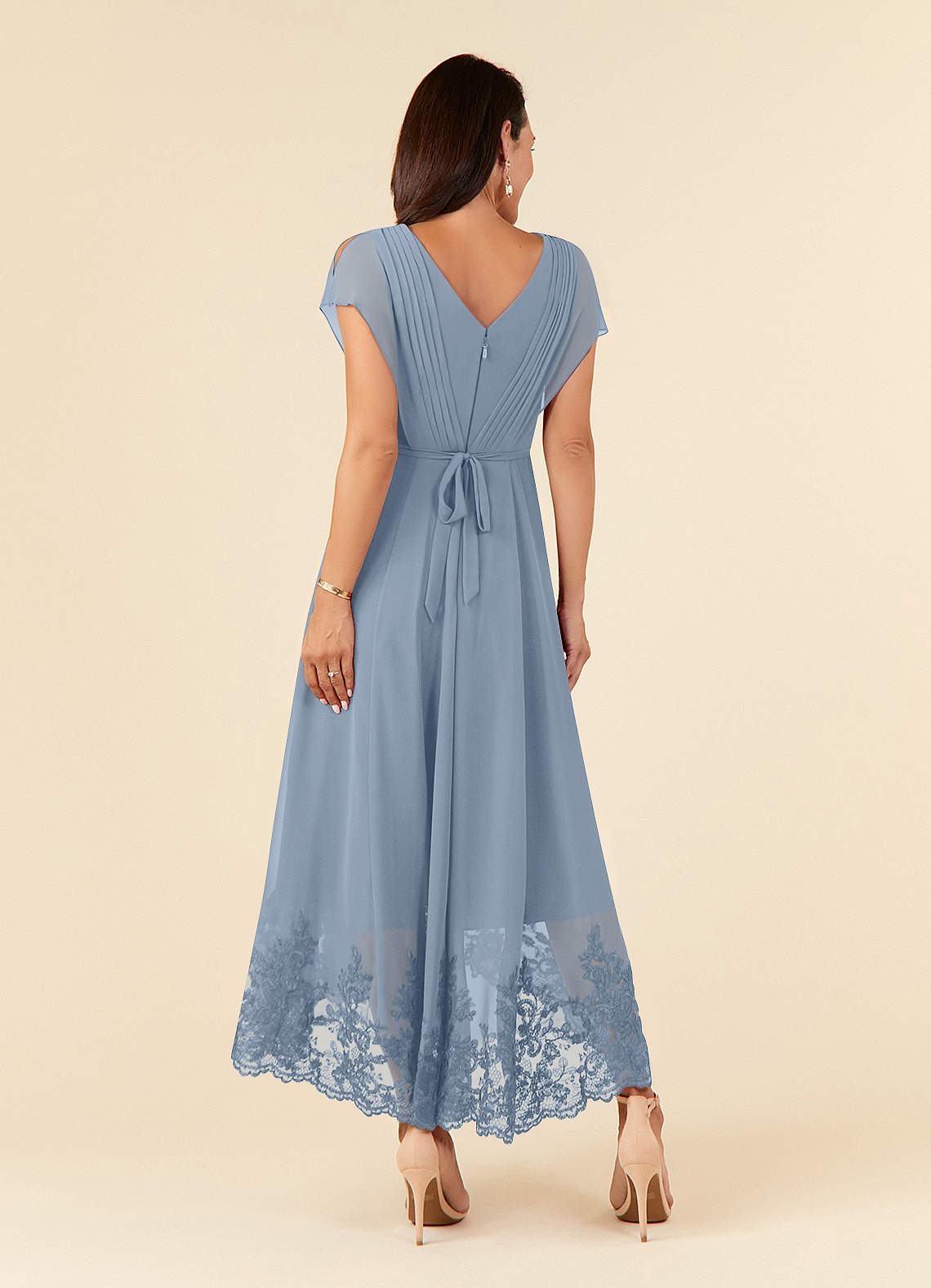 Dusty Blue Azazie Palana A-Line Lace Chiffon Asymmetrical Dress | Azazie