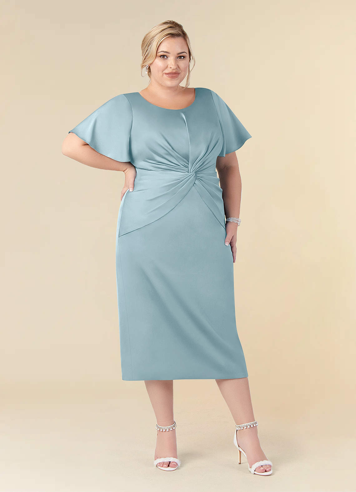 Moody Blue Azazie Everlyn Sheath Pleated Stretch Satin Midi Length Dress | Azazie