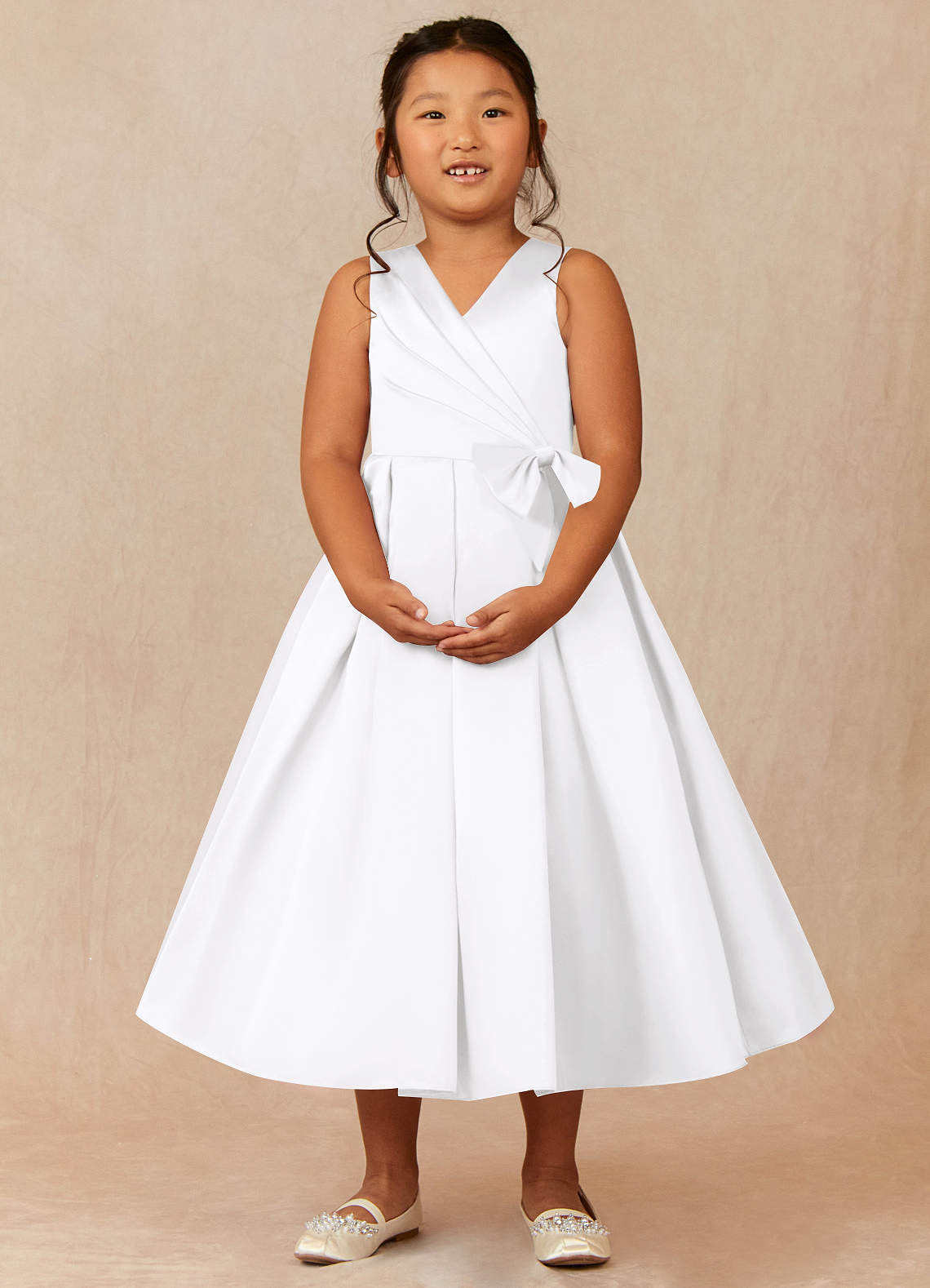 White Azazie Ronda A-Line Pleated Matte Satin Ankle-Length Dress | Azazie