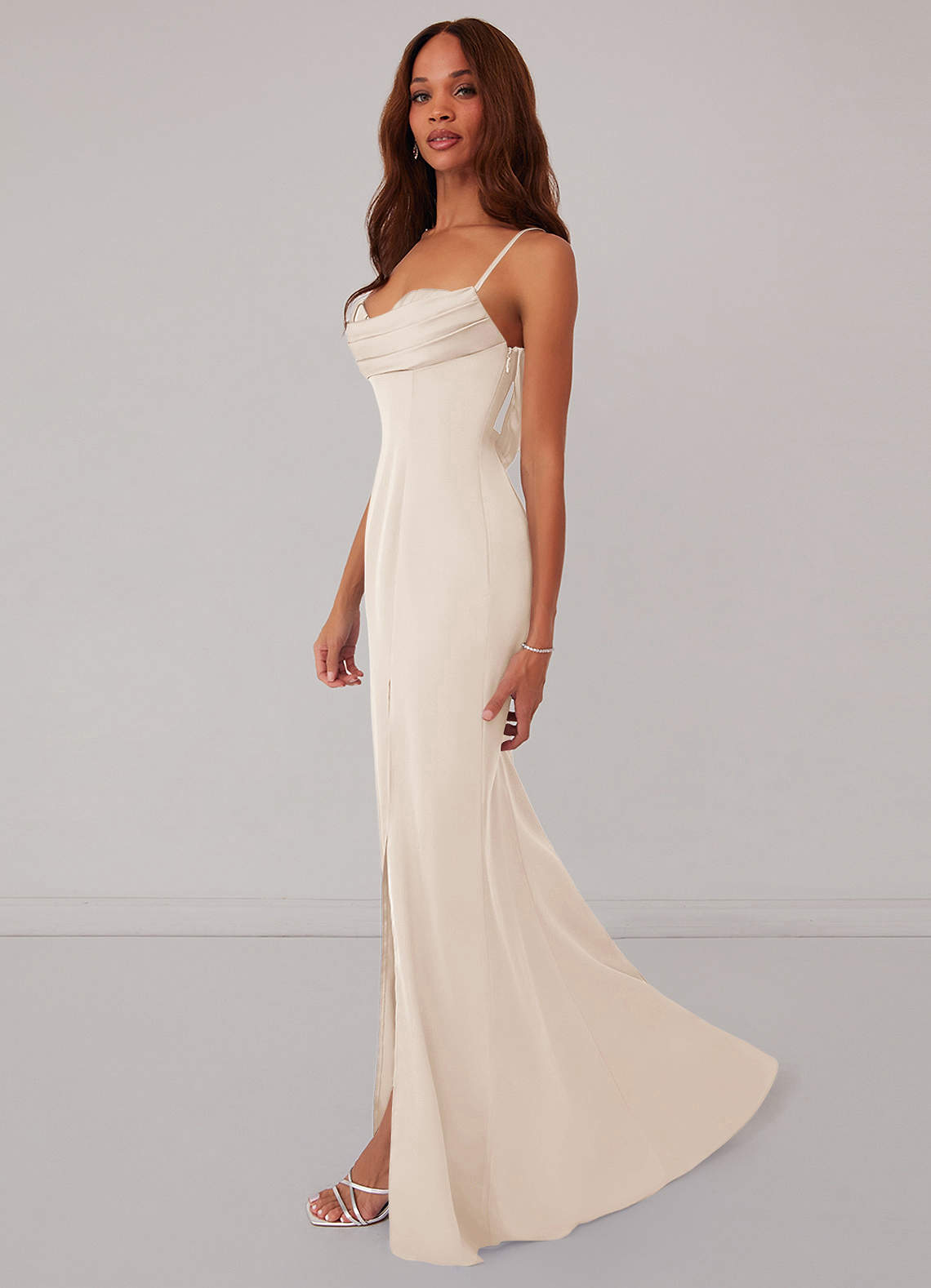 White Alabaster Pleated Lace Up Mermaid Stretch Satin Dress Bridesmaid ...