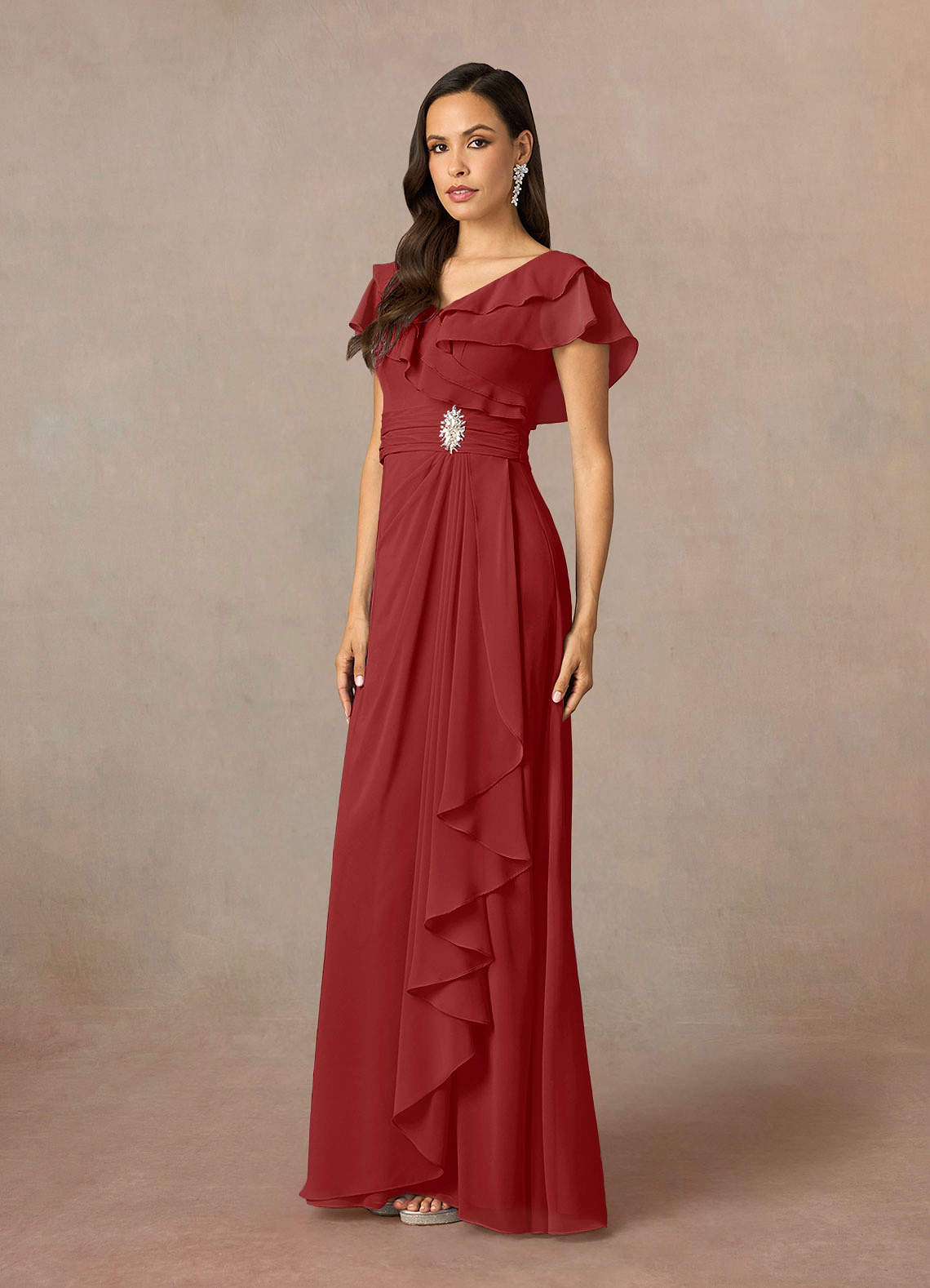 Azazie Snapdragon Rust A-Line V-Neck Ruched Chiffon Dress Mother of the ...