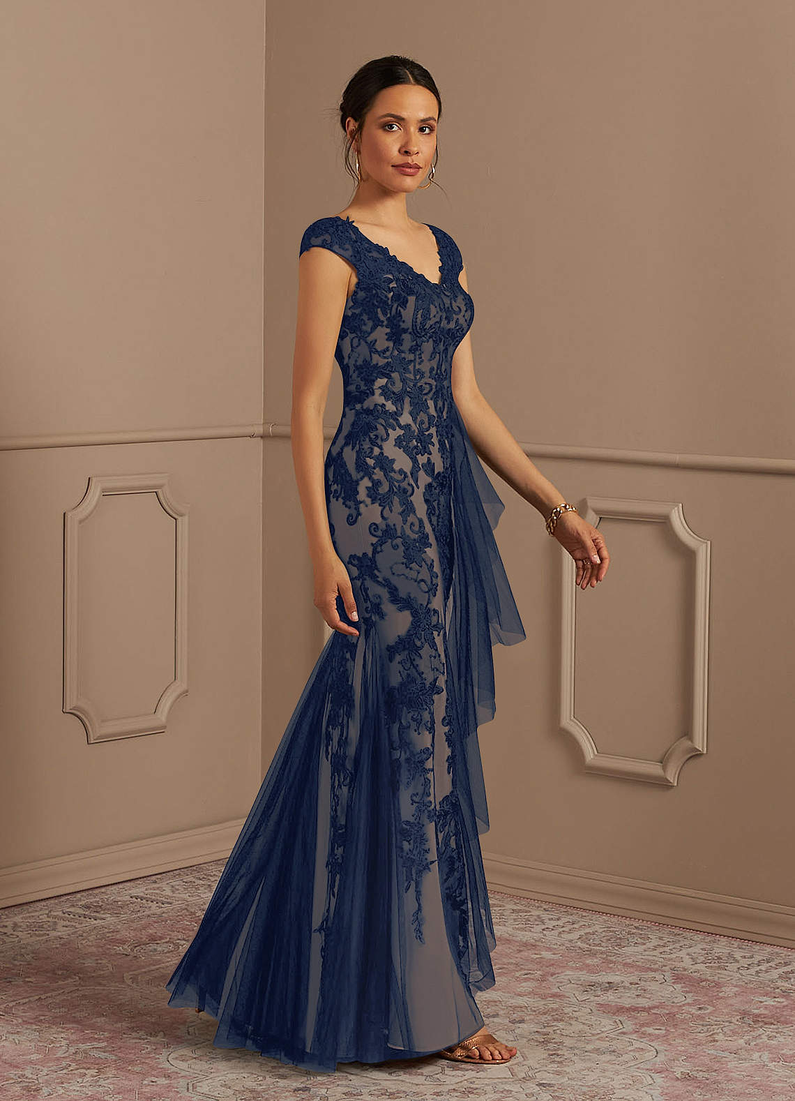 Dark Navy/Champagne Azazie Melena Mermaid Lace Tulle Floor-Length Dress ...