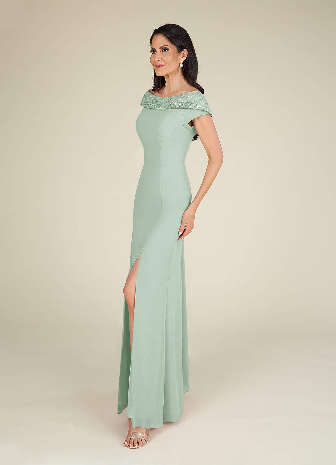 Agave Azazie Cupid A-Line Boatneck Lace Chiffon Floor-Length Dress | Azazie