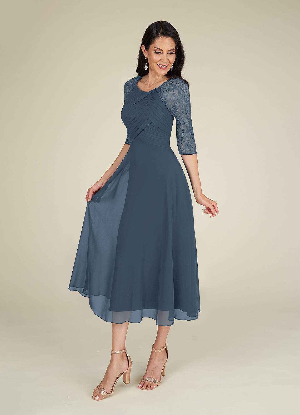 Neptune Azazie Dorothea A-Line Scoop lace Chiffon Tea-Length Dress | Azazie
