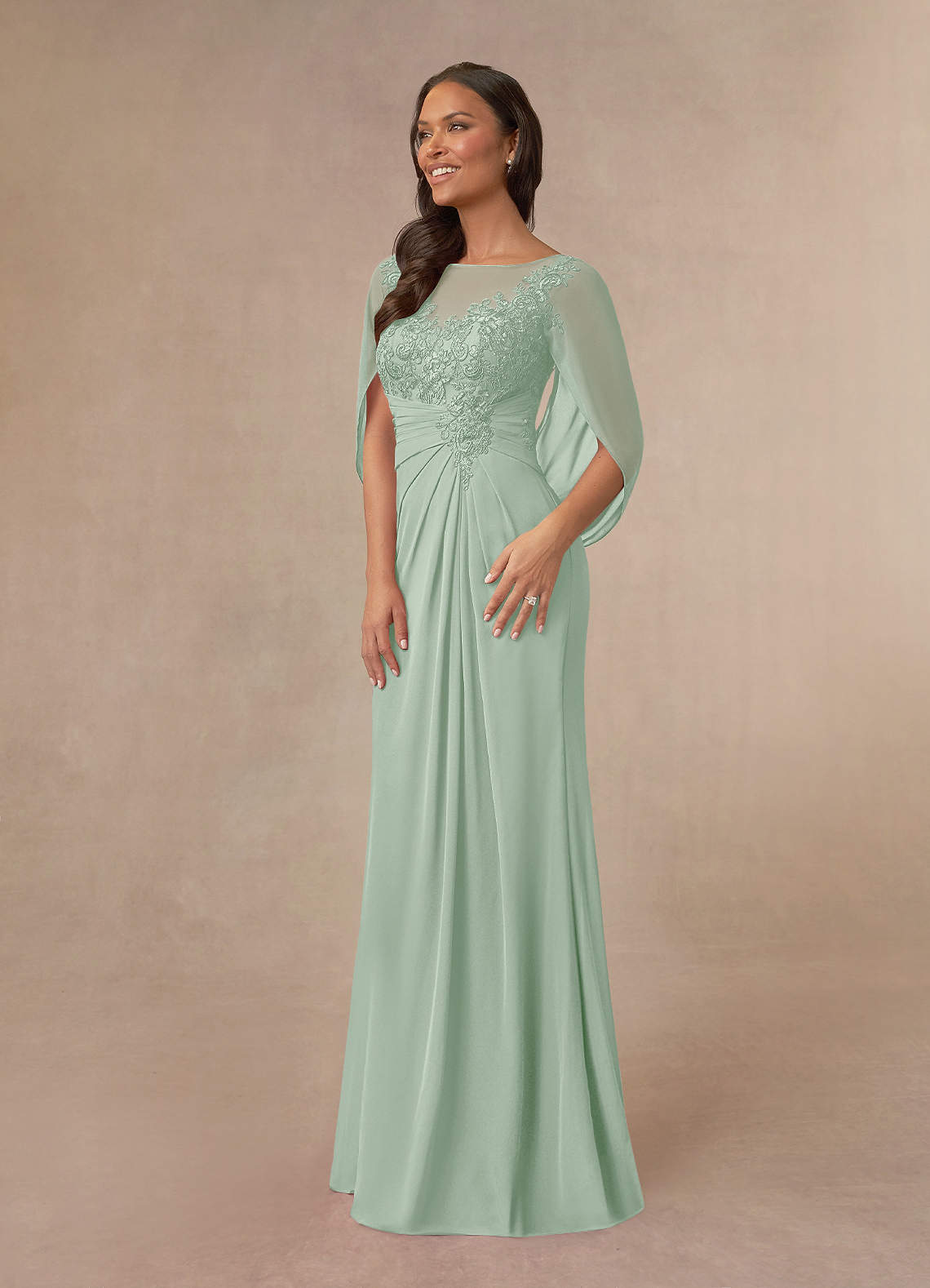 Azazie Hera Agave A-Line Lace Capelet Chiffon Dress | Azazie