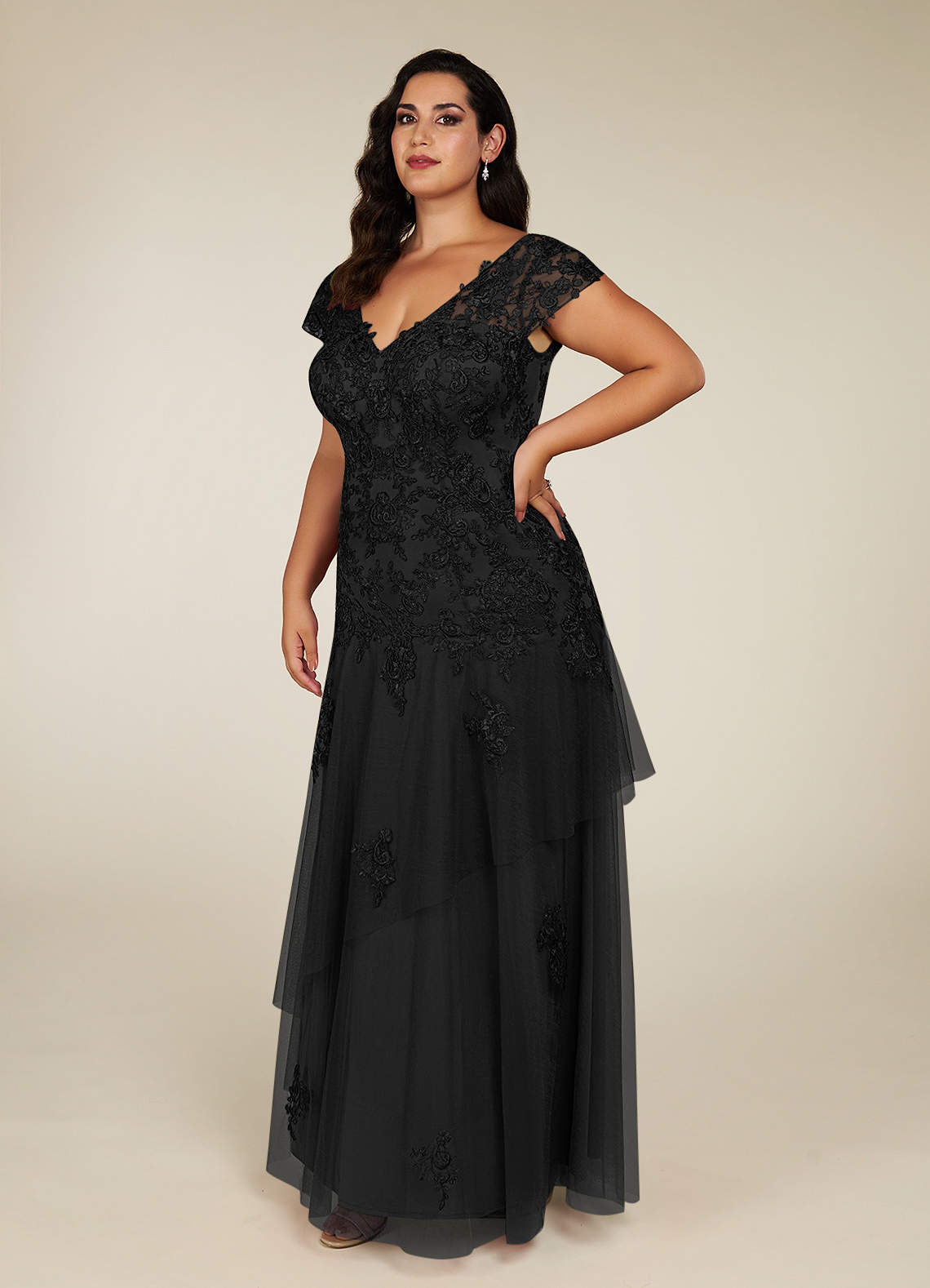 Black Azazie Romy Mermaid V-Neck Sequins Tulle Floor-Length Dress | Azazie