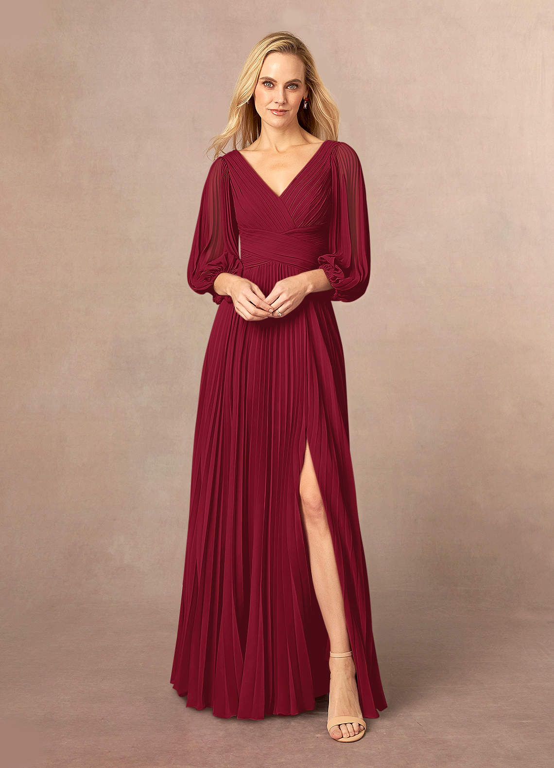 Azazie Zahara Burgundy A-Line V-Neck Pleated Chiffon Dress | Azazie