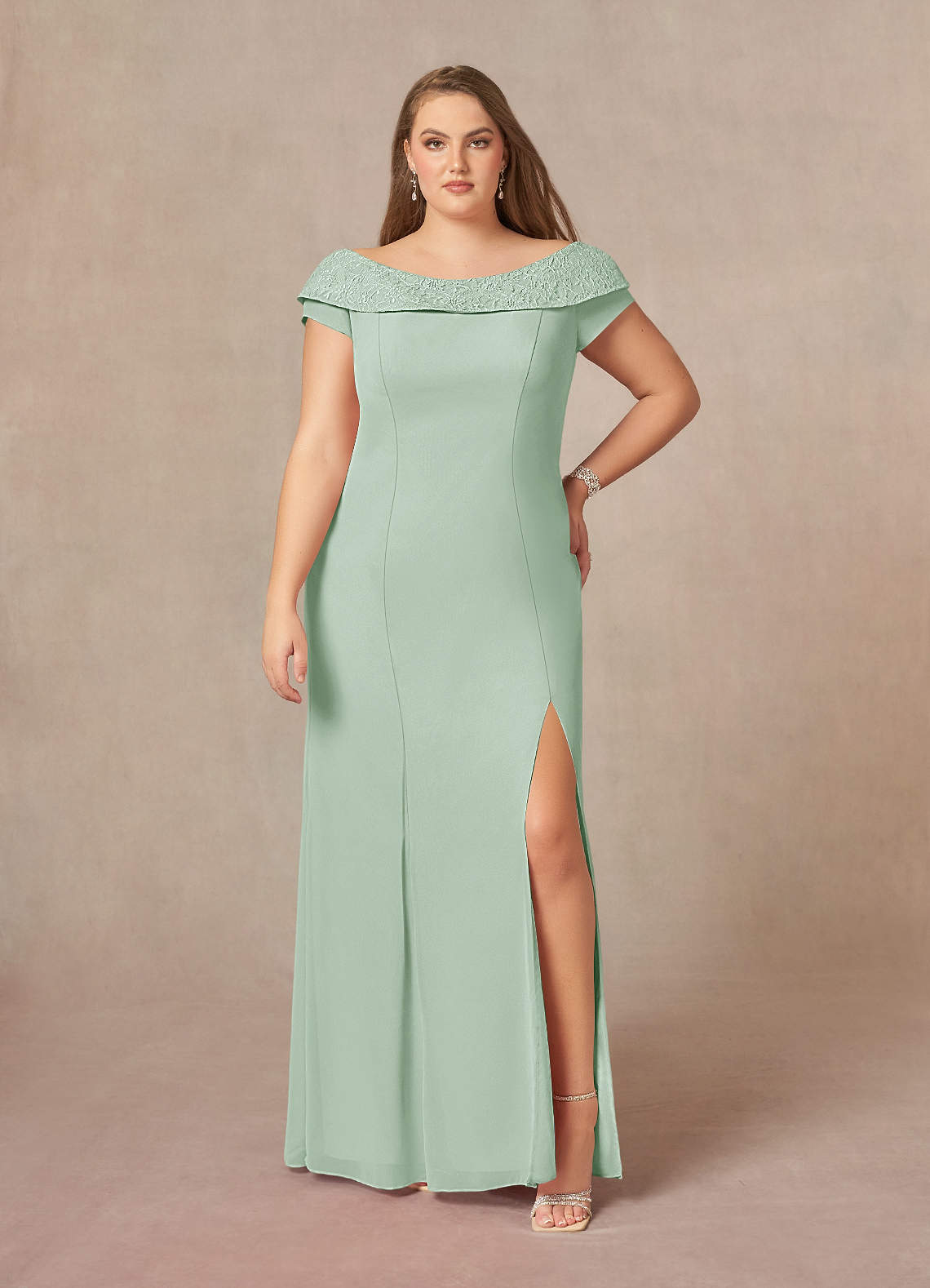 Agave Azazie Cupid Agave A-Line Boatneck Lace Chiffon Dress | Azazie