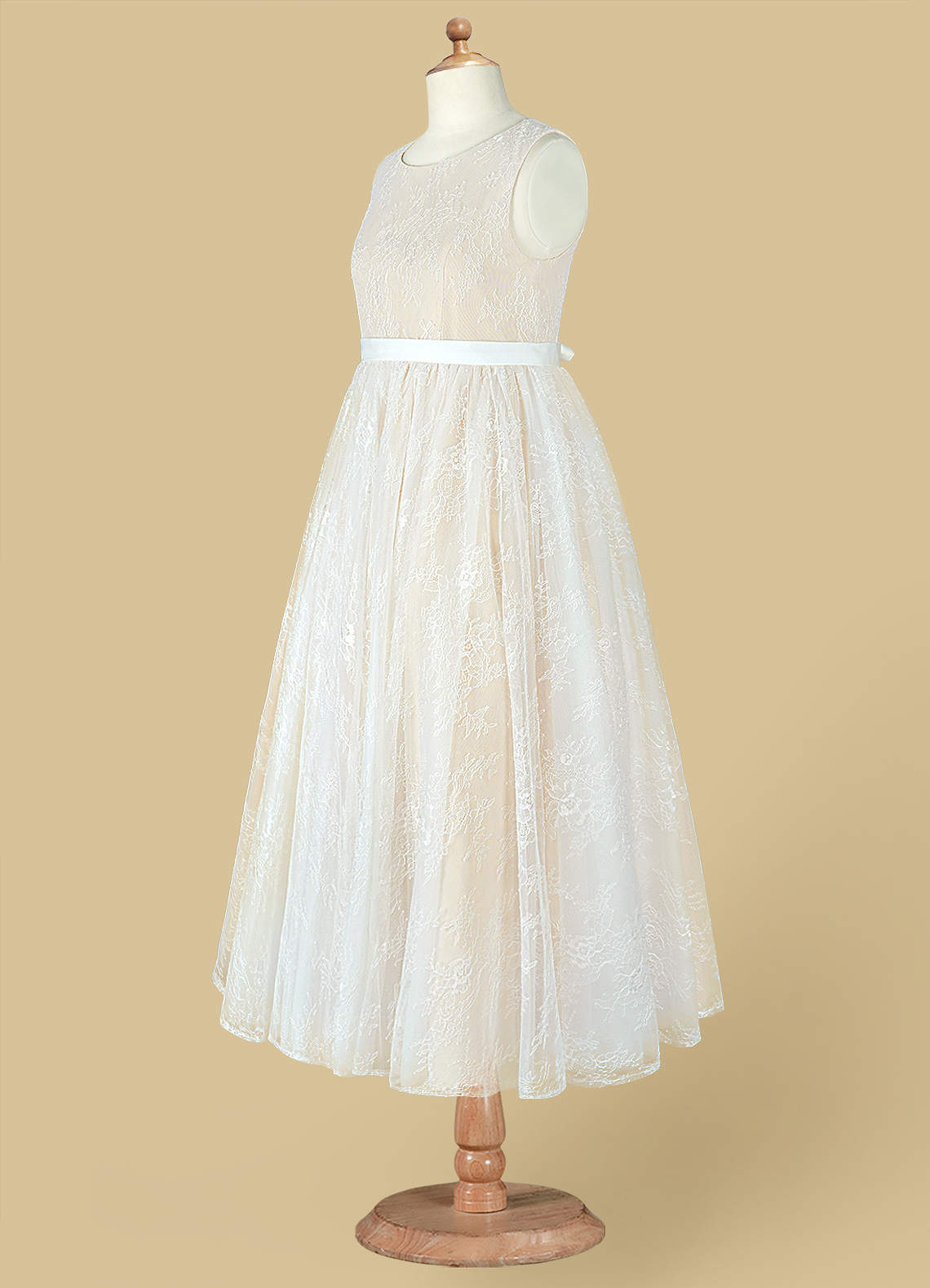 Diamond White/Champagne Azazie Ellie A-Line Lace Tea-Length Dress | Azazie