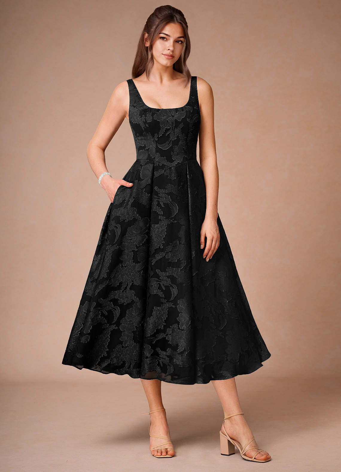 Alba Black Pleated Midi Dress | Azazie CA