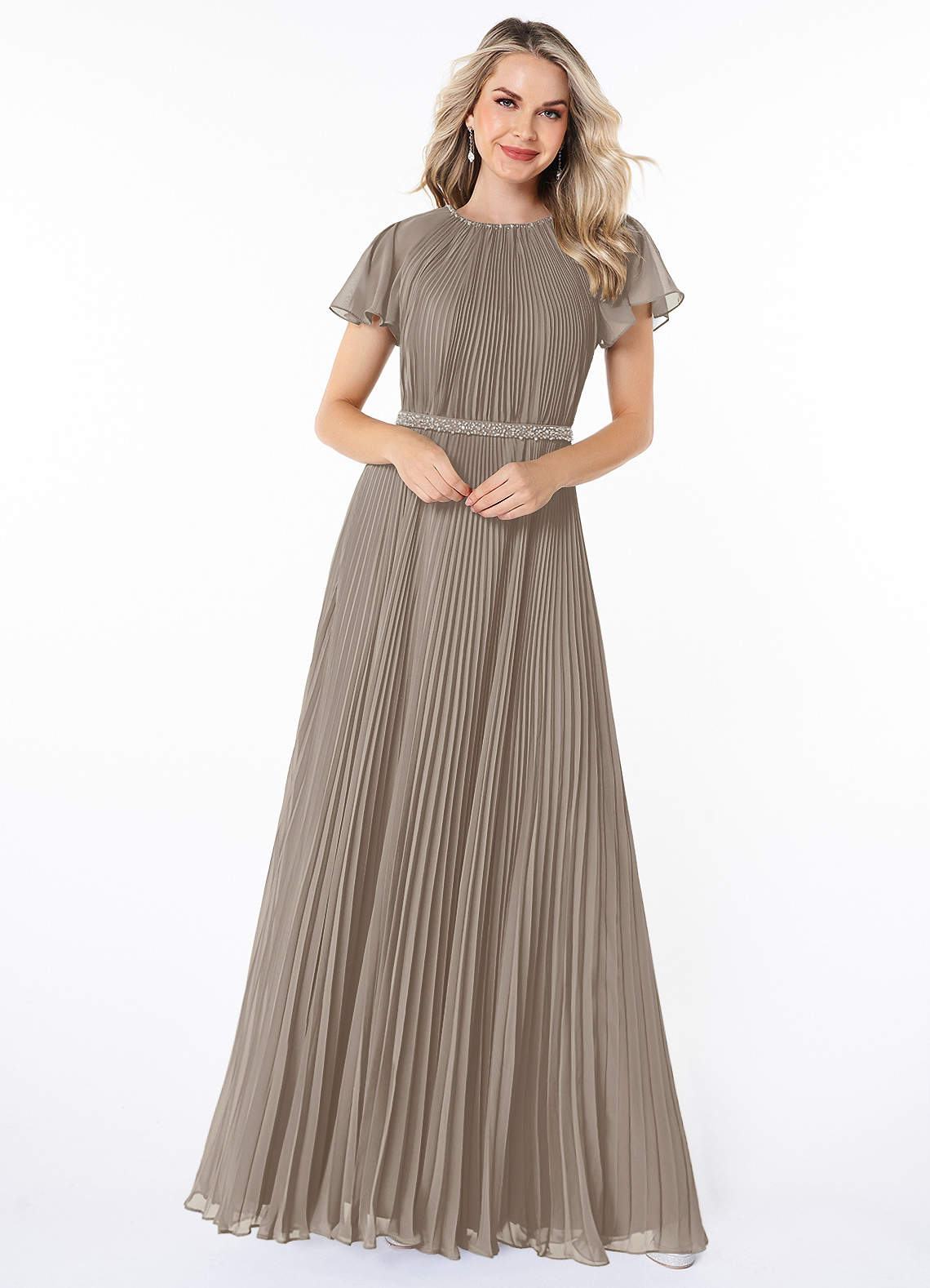Azazie Kara Taupe Modest Bridesmaid Dresses | Azazie