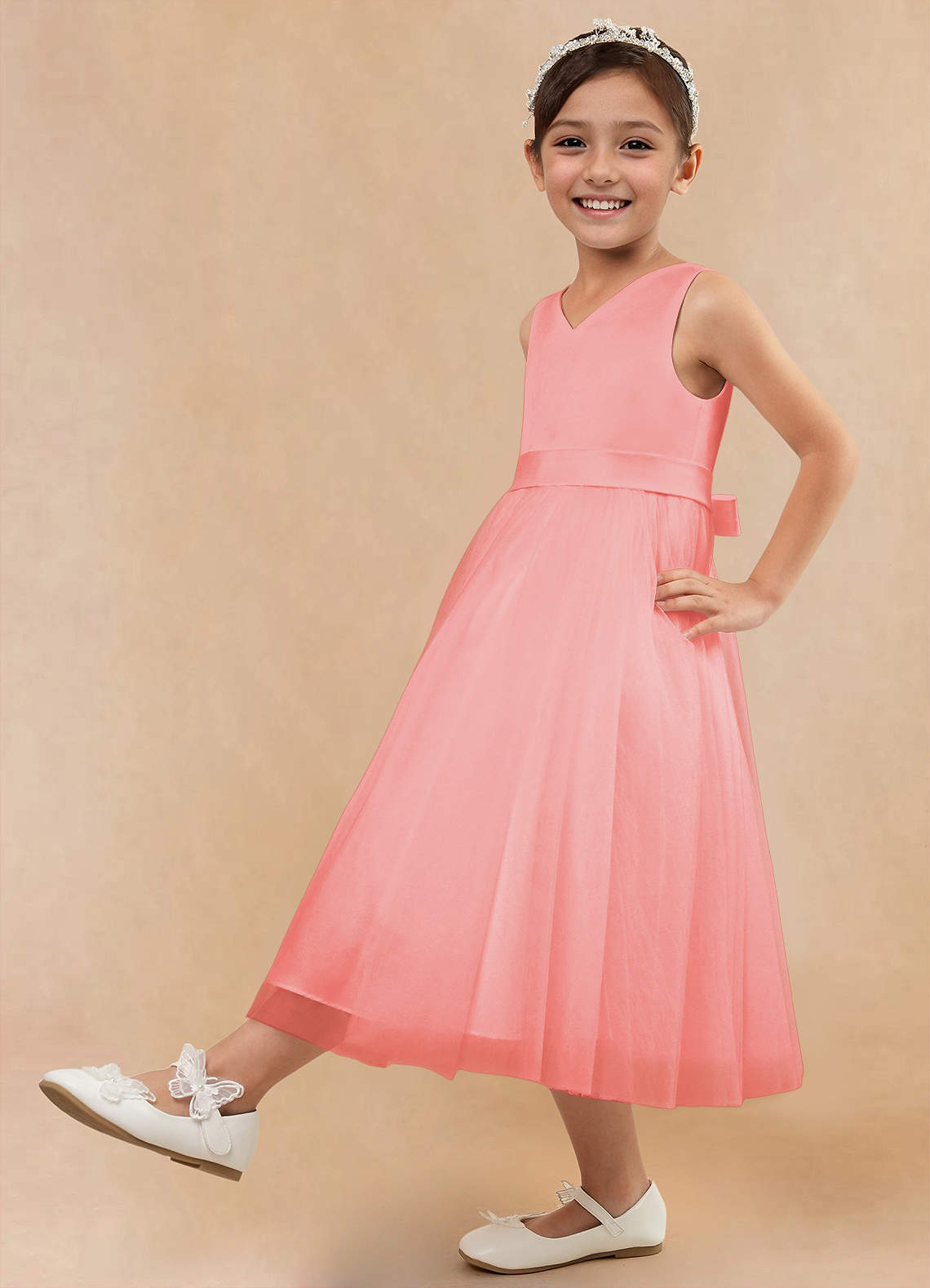 Coral Azazie Marlee Coral A-Line Pleated Matte Satin Dress | Azazie