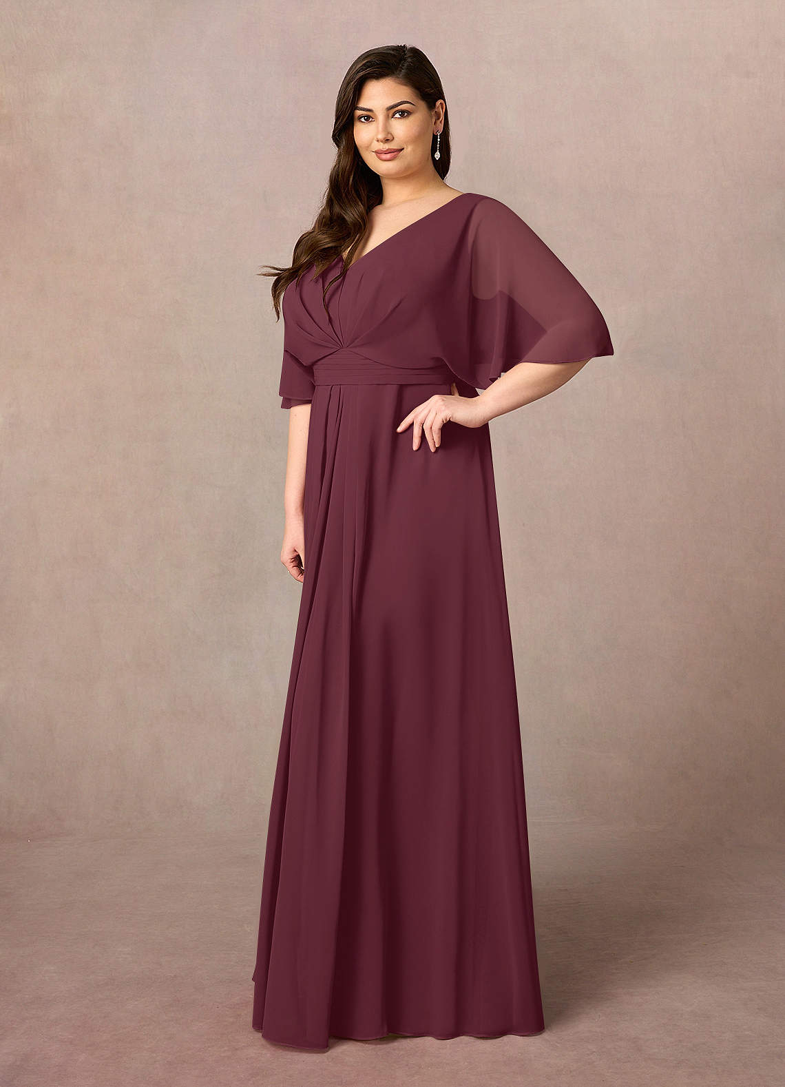 Azazie Oksana Cabernet A-Line V-Neck Pleated Chiffon Dress | Azazie UK
