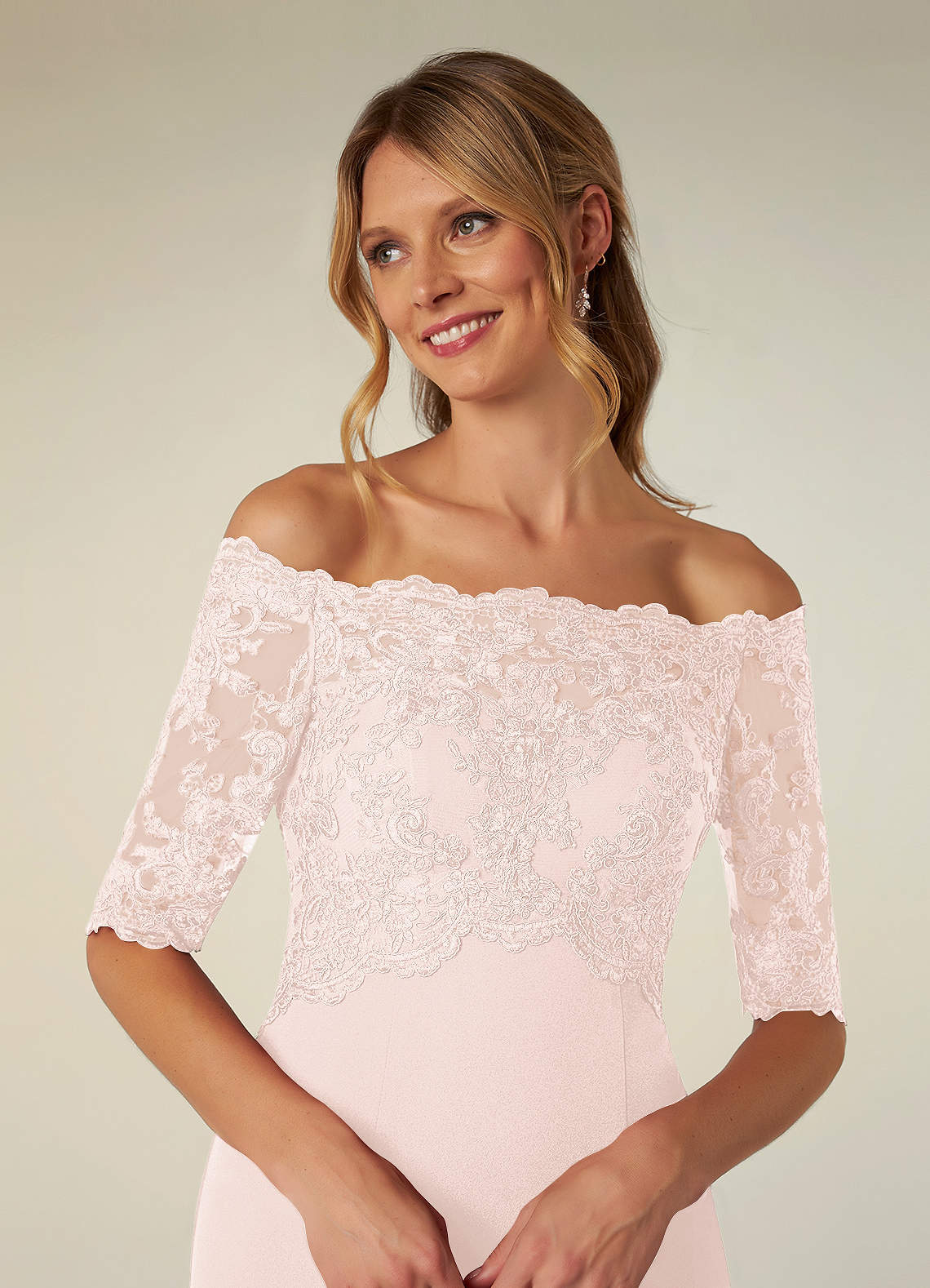 Azazie Jette Blushing Pink Mermaid Off the Shoulder Lace Dress | Azazie