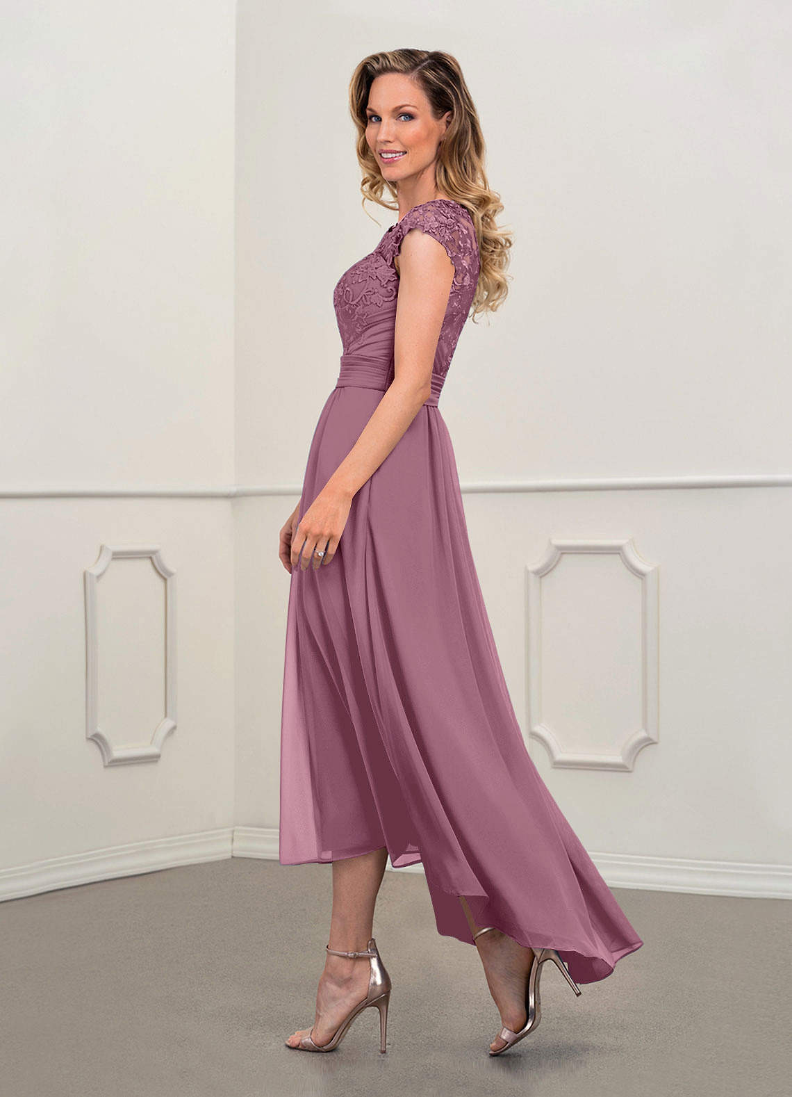 Vintage Mauve Azazie Amara A-Line Lace Asymmetrical Dress | Azazie