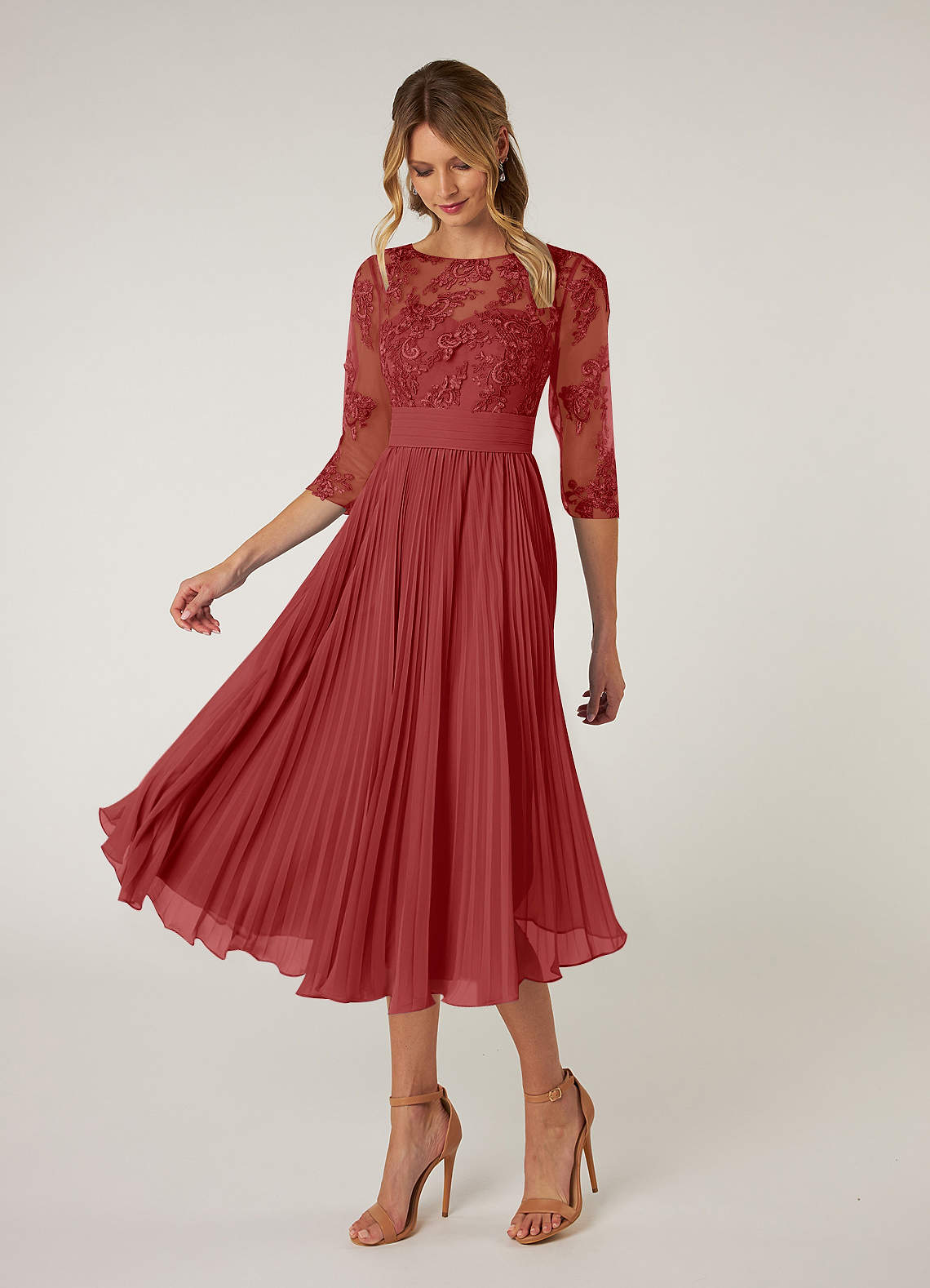 Rust Azazie Tutu A-Line Boatneck Lace Chiffon Tea-Length Dress | Azazie