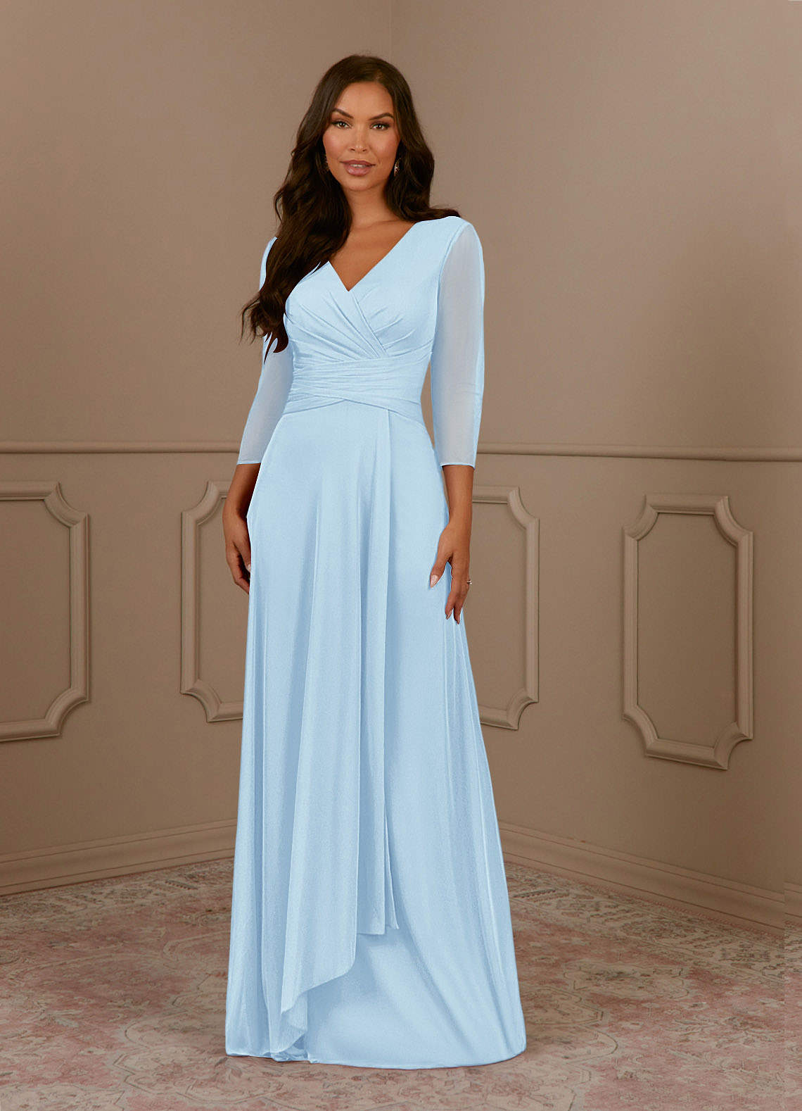 Azazie Annetta Sky Blue A-Line V-Neck Pleated Mesh Dress | Azazie