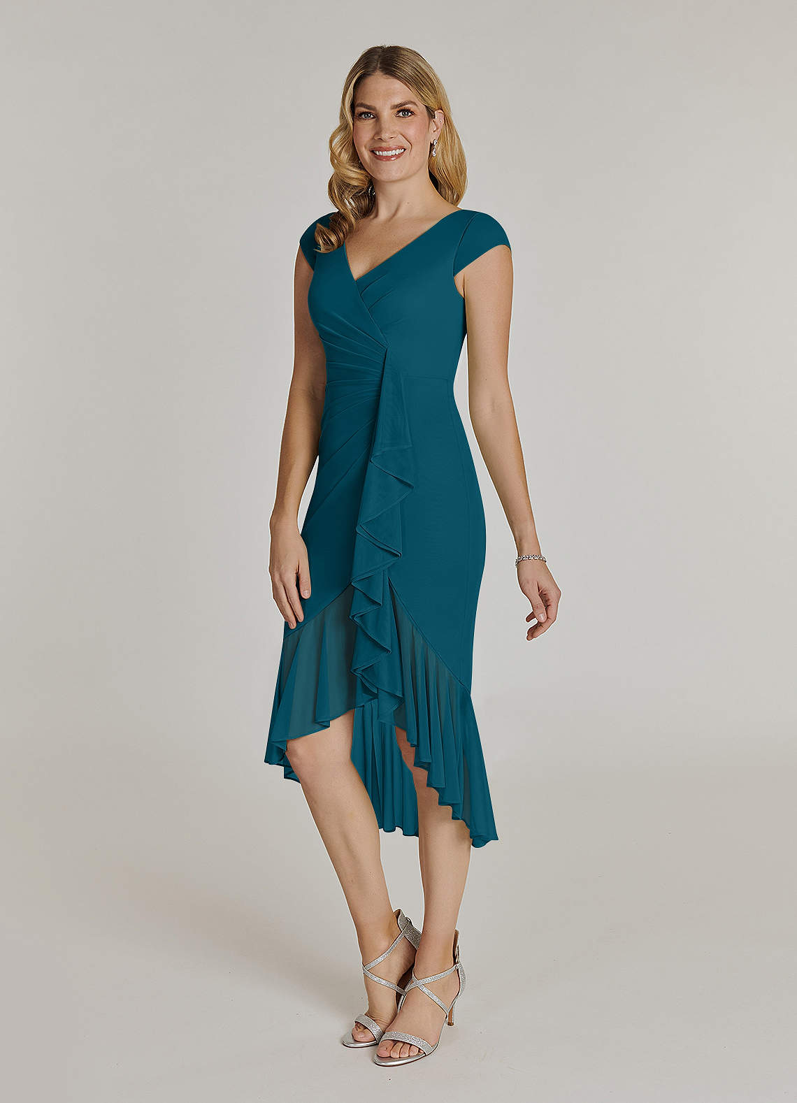 Ink Blue Azazie Renetta Sheath V-Neck Pleated Mesh Asymmetrical Dress ...