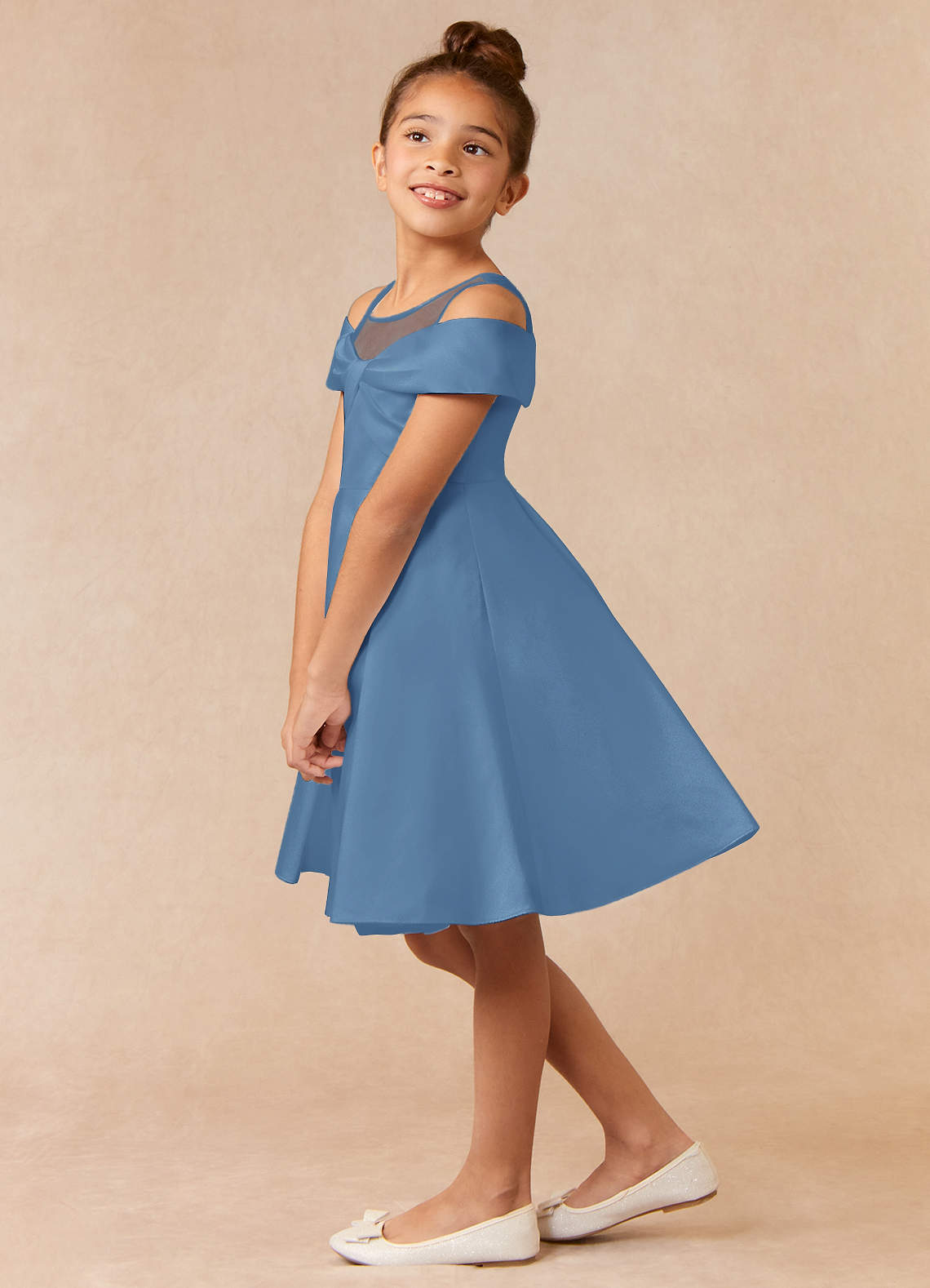 Steel Blue Azazie Shirin A-Line Off the Shoulder Matte Satin Knee ...