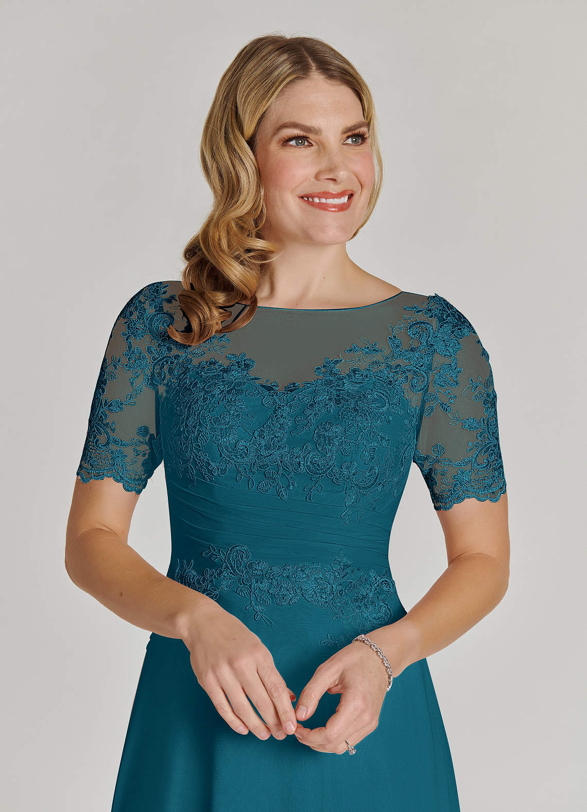 Azazie Raissa Ink Blue A-Line Lace Chiffon Dress | Azazie