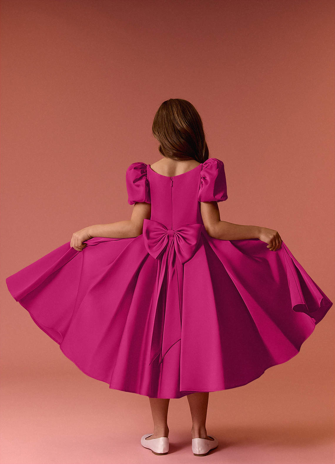 Barbie™ Pink Barbie ♥ Azazie Puff Sleeve Bow Box Pleat Stretch Satin ...