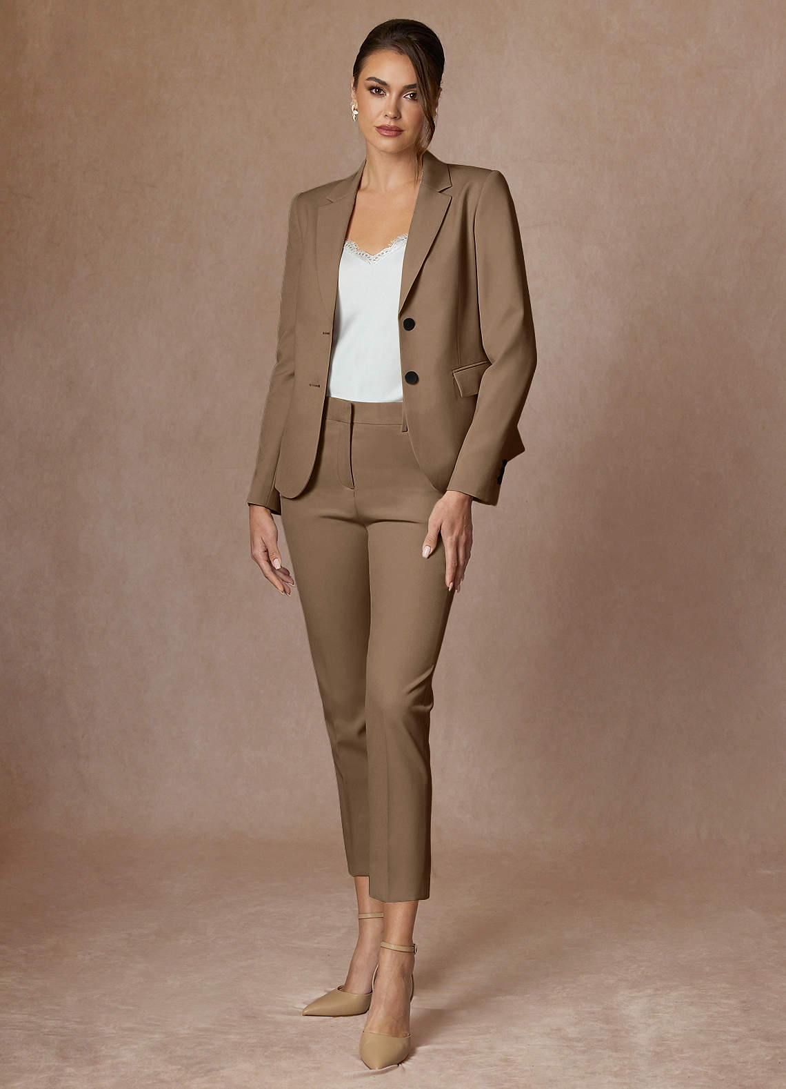 Whitney Truffle Refined Weave Performance Cropped Pants Suit | Azazie