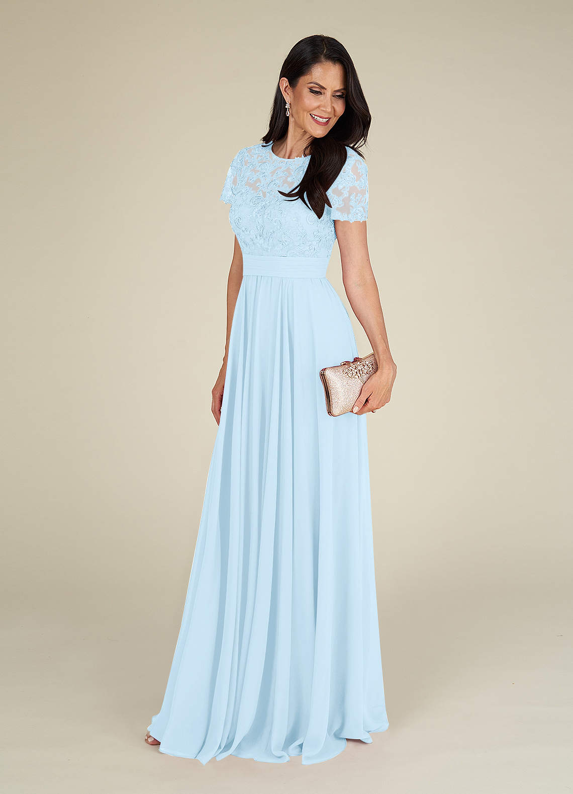 Sky Blue Azazie Annette A-Line Lace Chiffon Floor-Length Dress | Azazie