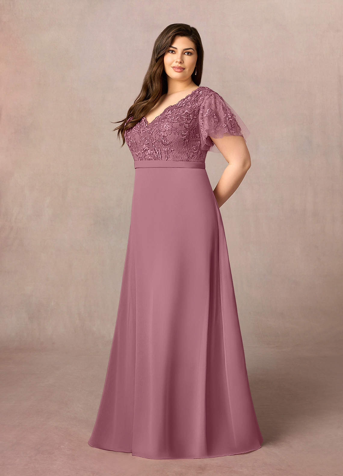 Azazie Singer Vintage Mauve A-Line V-Neck Lace Chiffon Dress | Azazie