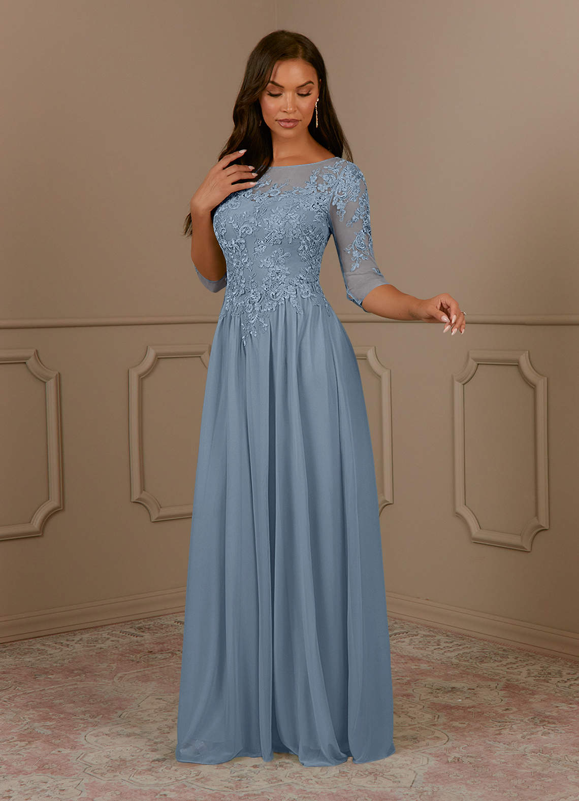 Azazie Harriet Dusty Blue A-Line Scoop lace Mesh Dress | Azazie