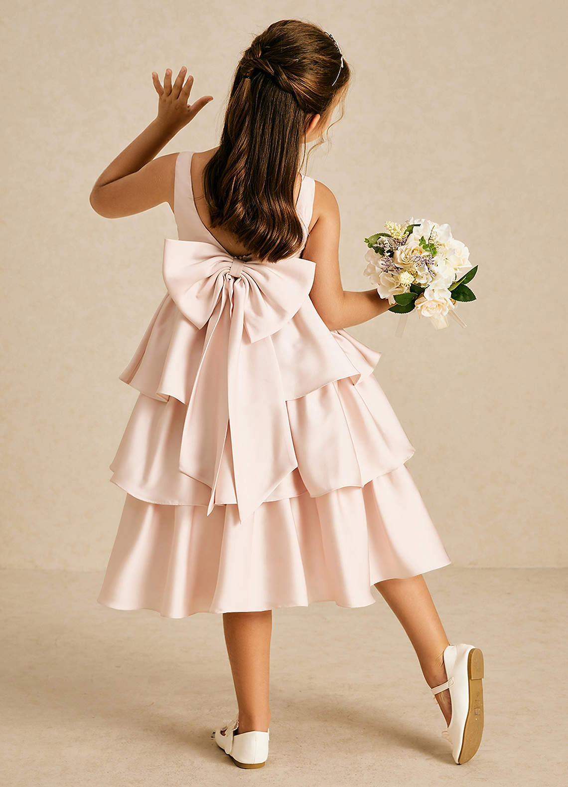 Azazie Margie Blushing Pink A-Line Bow Stretch Satin Dress | Azazie
