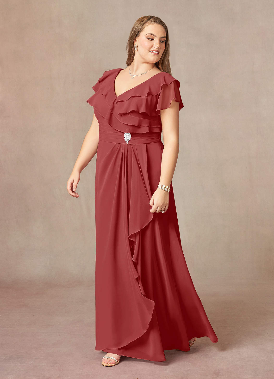 Rust Azazie Snapdragon Rust A-Line V-Neck Ruched Chiffon Dress | Azazie