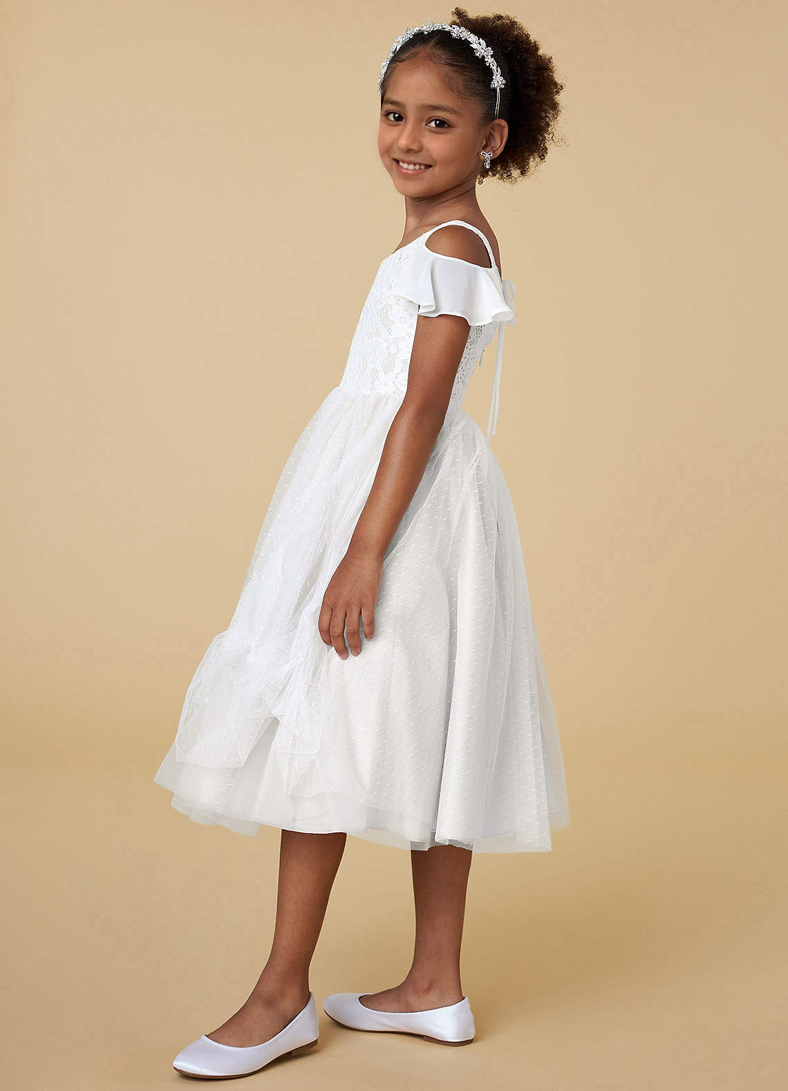 Diamond White Azazie Kristie A-Line Lace Tulle Tea-Length Dress | Azazie