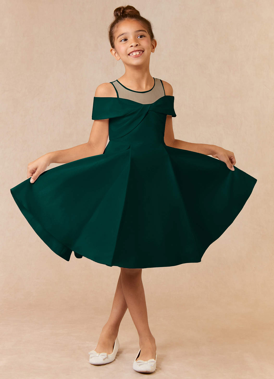 Pine Azazie Shirin Pine A-Line Off the Shoulder Matte Satin Dress | Azazie