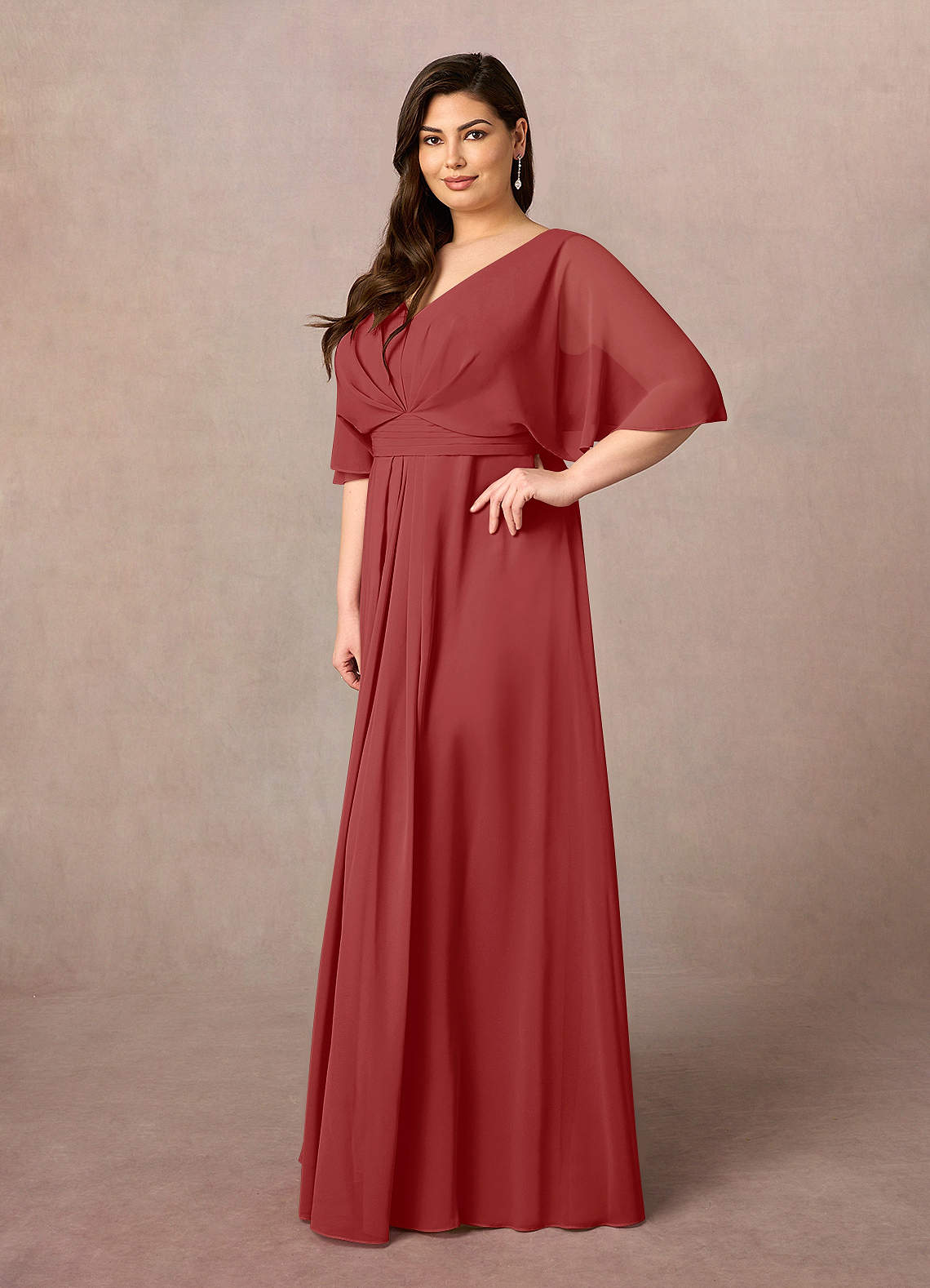 Azazie Oksana Rust A-Line V-Neck Pleated Chiffon Dress | Azazie