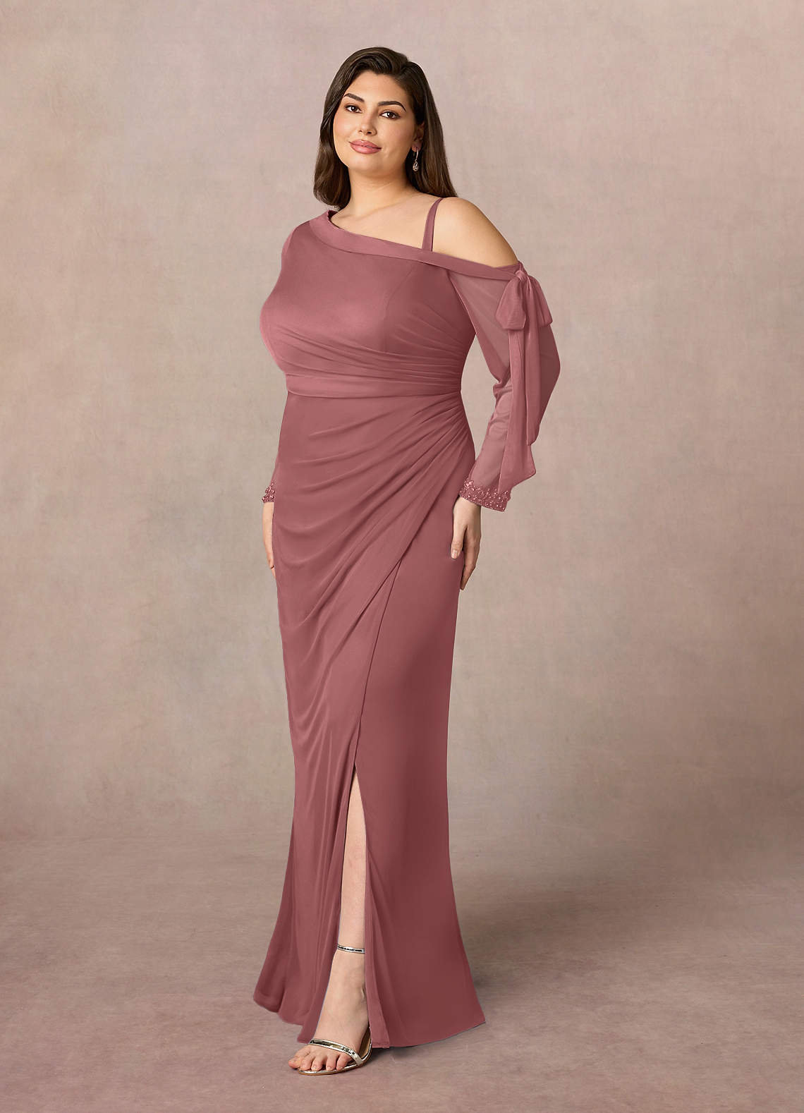 Azazie Marna Desert Rose Sheath One Shoulder Mesh Dress | Azazie