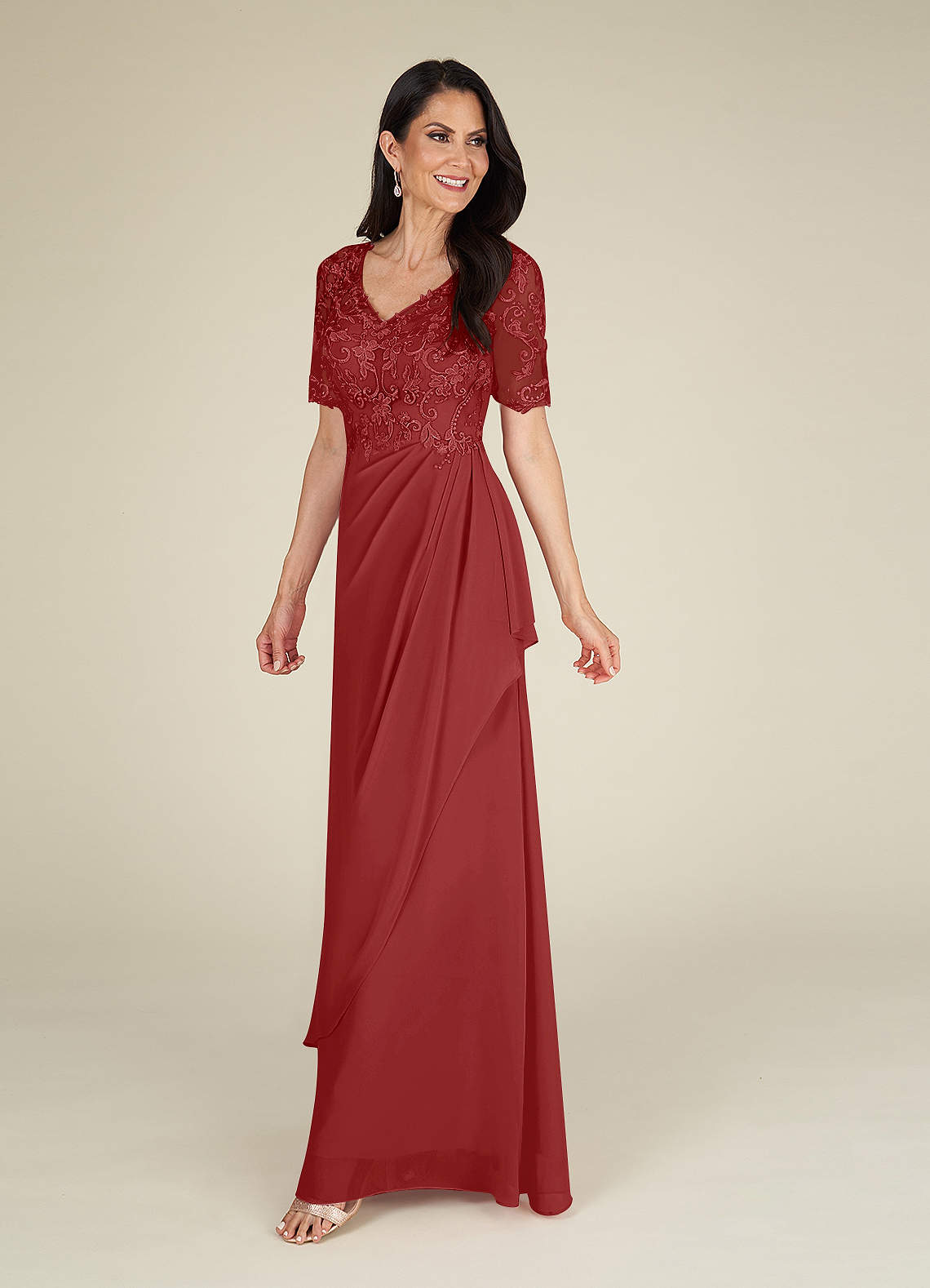 Azazie Amedeus Rust A-Line V-Neck Lace Chiffon Dress | Azazie