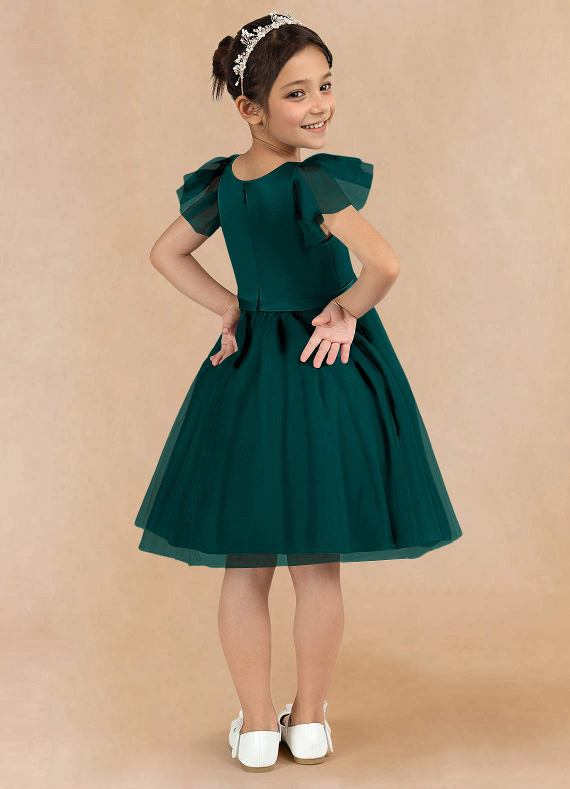 Peacock Azazie Midna Peacock A-Line with Sleeves Tulle Dress | Azazie