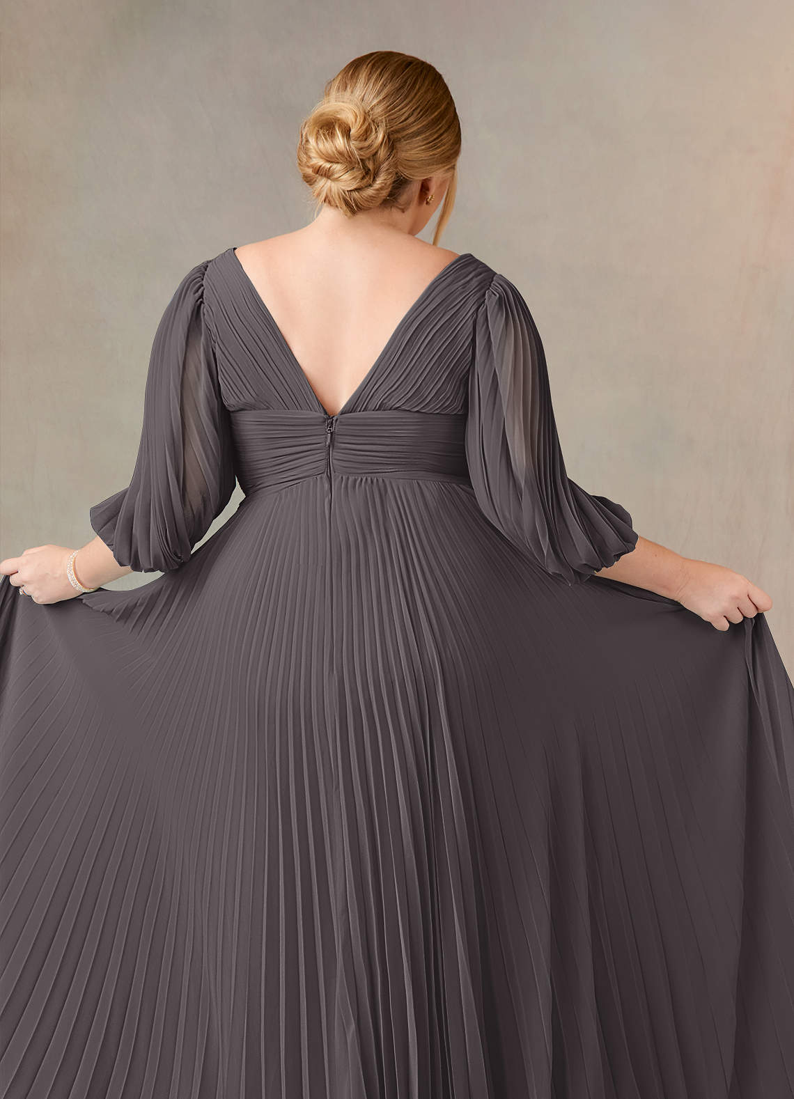 Azazie Zahara Steel Grey A-Line V-Neck Pleated Chiffon Dress | Azazie