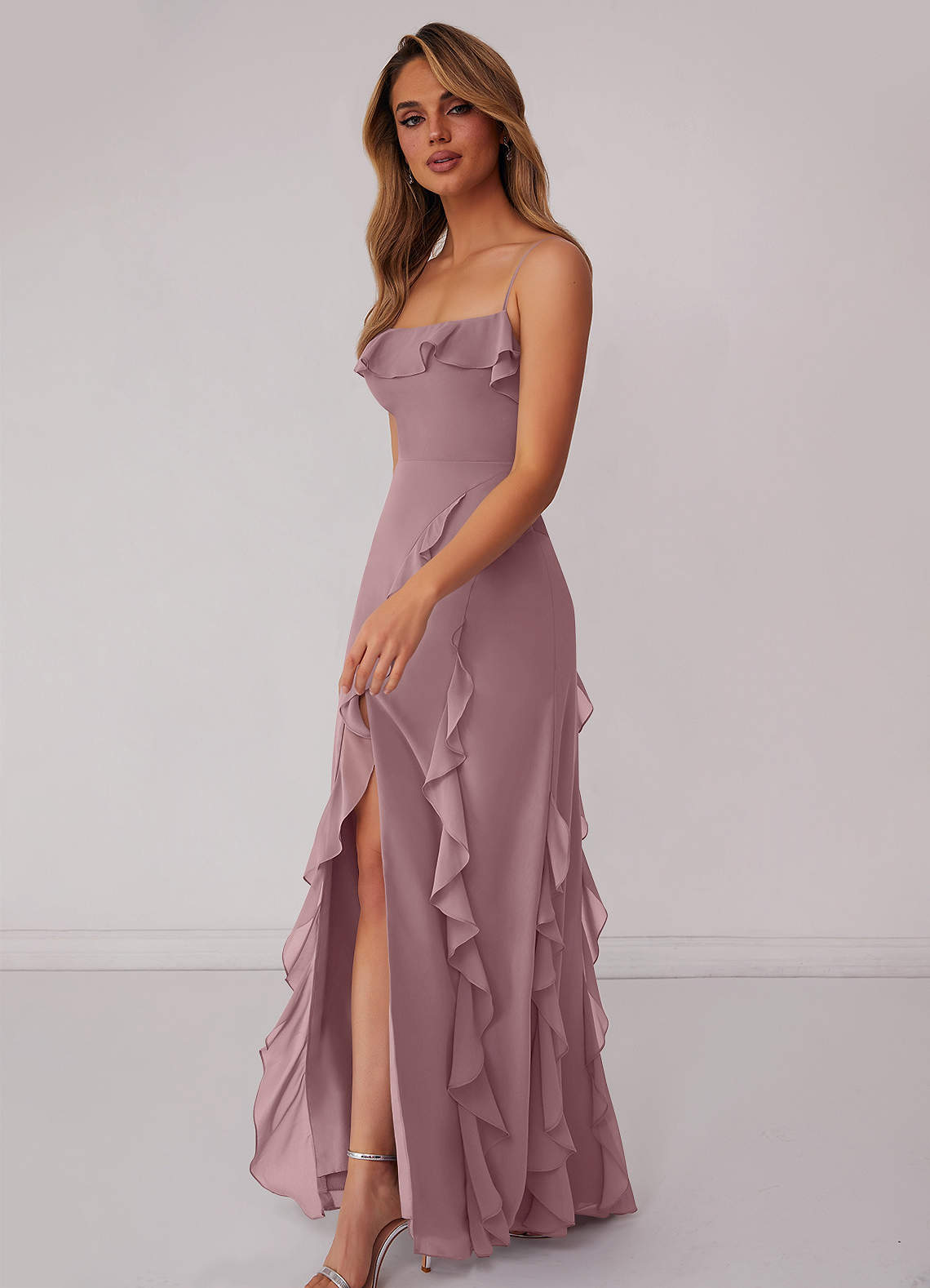 Dusty Rose Chiffon Ruffle Column Dress with Leg Slit Bridesmaid Dresses ...