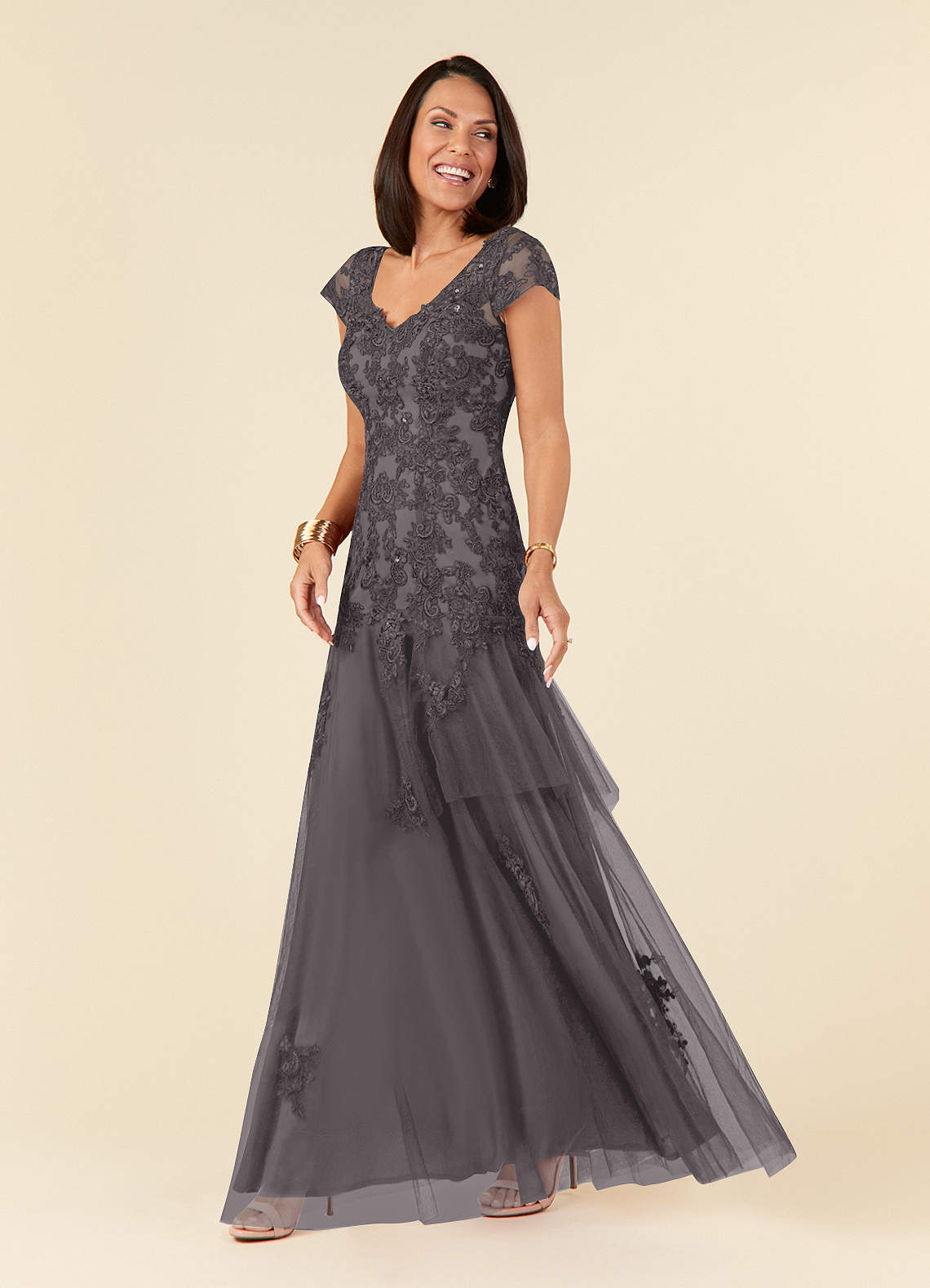 Steel Grey Azazie Romy Mermaid V-Neck Sequins Tulle Floor-Length Dress ...