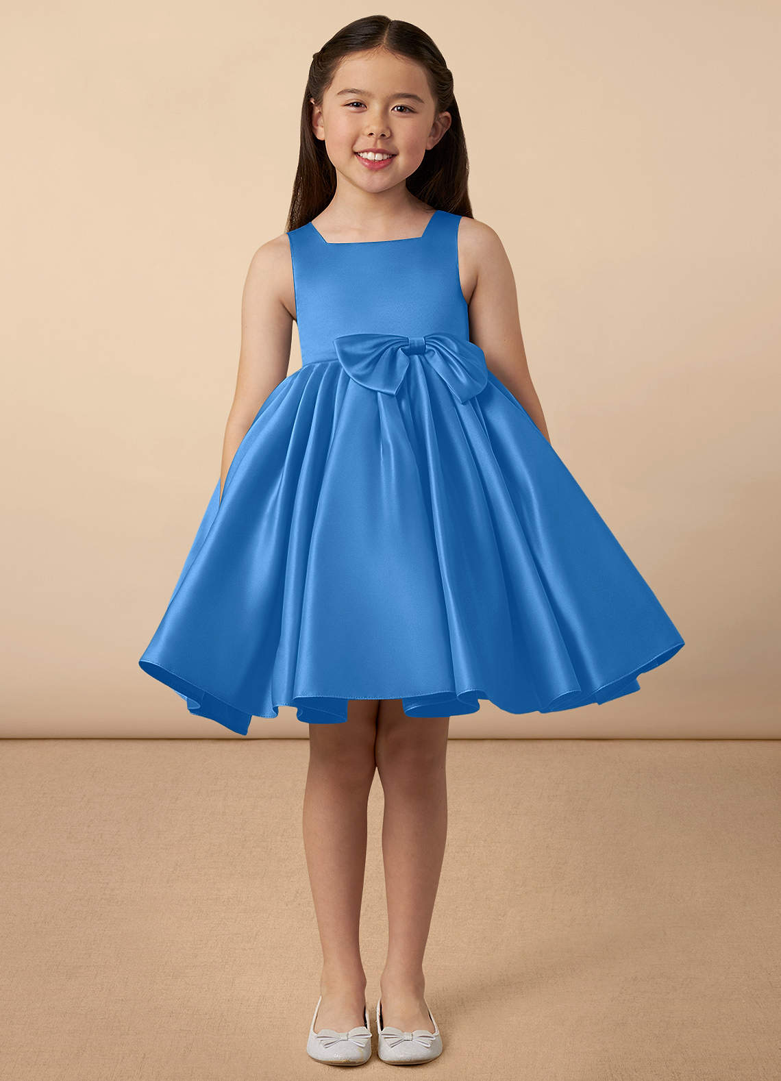 Azazie Bo Peep Blue Jay A-Line Bow Matte Satin Dress | Azazie